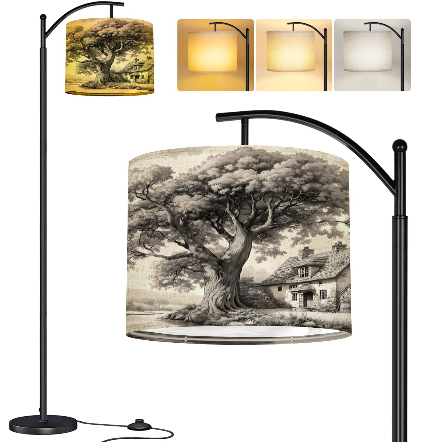 Arc Floor Lamp Vintage Forest Large Trees Leaves River Cottage Houses ...