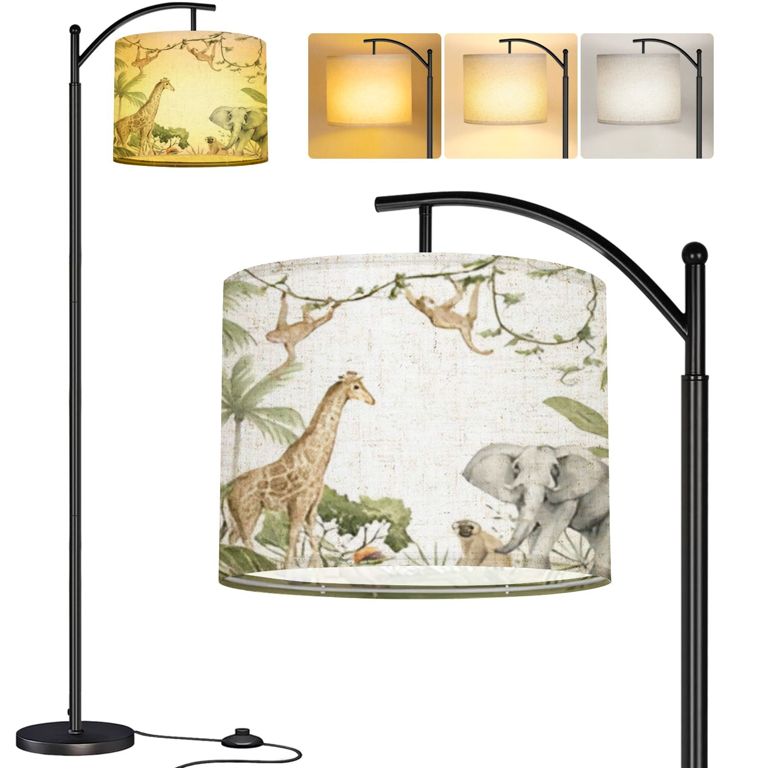 Arc Floor Lamp Watercolor composition African animals Elephant giraffe monkeys Tall Modern ...