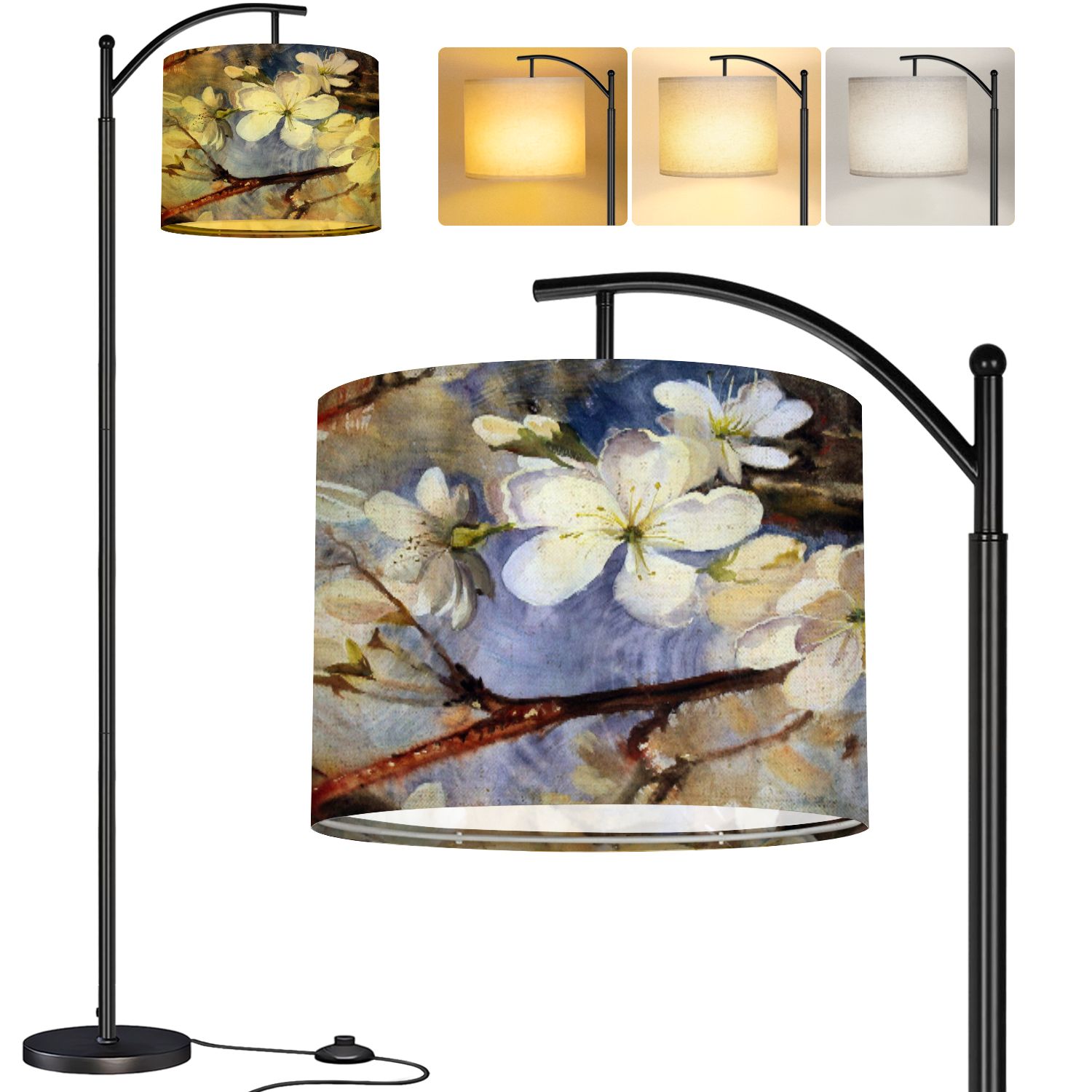Arc Floor Lamp Watercolor painting blooming spring tree branches white ...