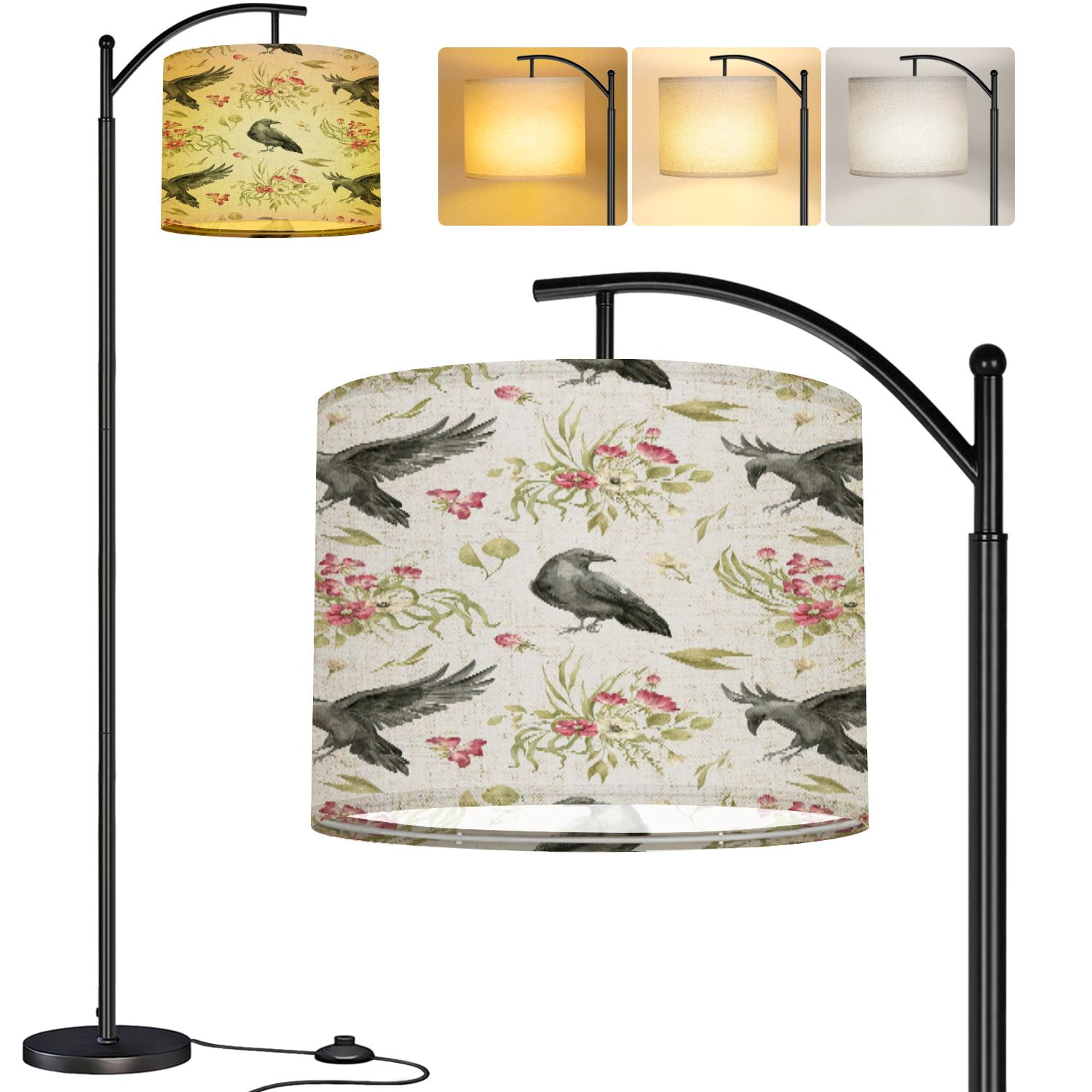 Arc Floor Lamp Watercolor seamless pattern black raven floral bouquet ...
