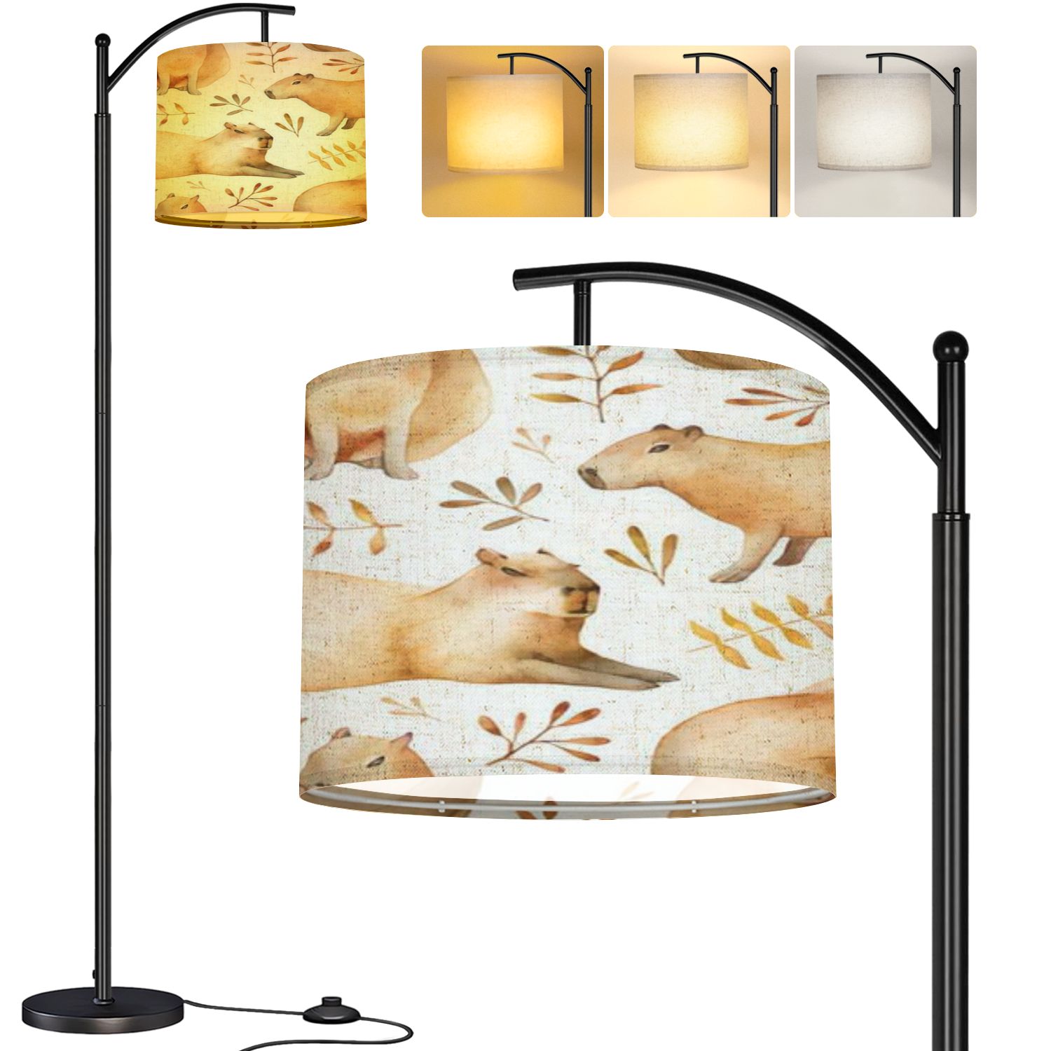 Arc Floor Lamp Watercolor seamless pattern capybaras leafs white Tall ...