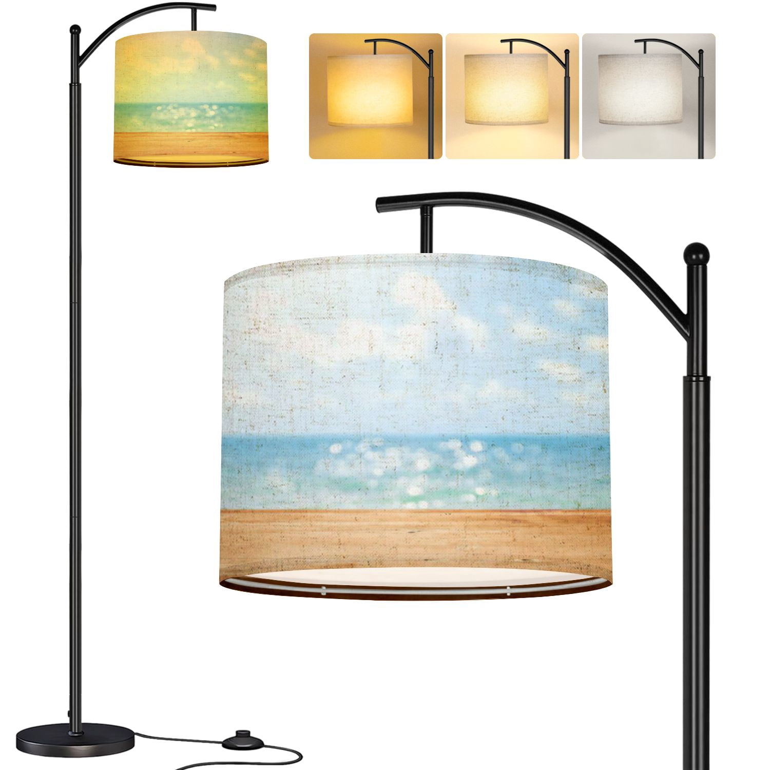 Arc Floor Lamp Wooden table top blurred summer blue sea sky for your ...