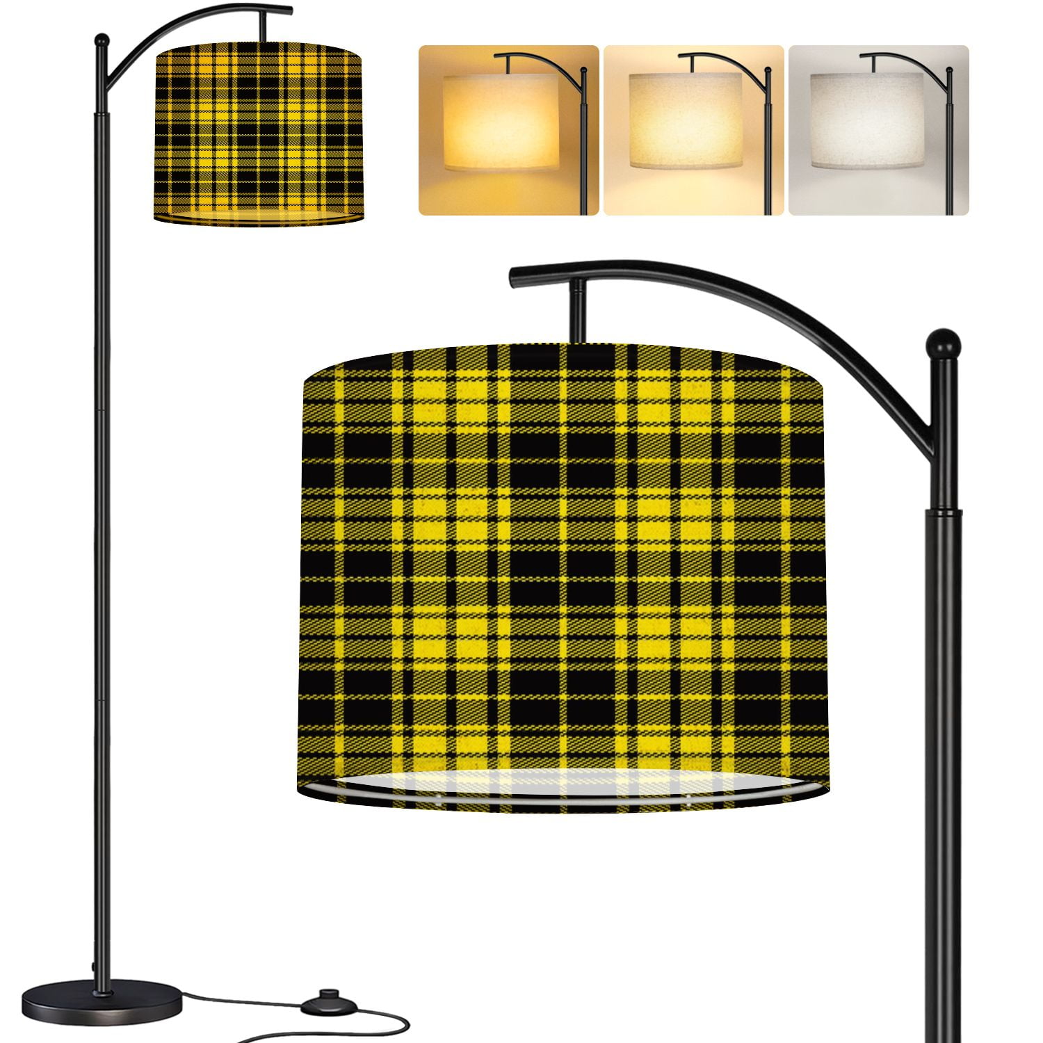 Arc Floor Lamp Yellow Black Tartan Plaid Tall Modern Standing Lamp LED ...
