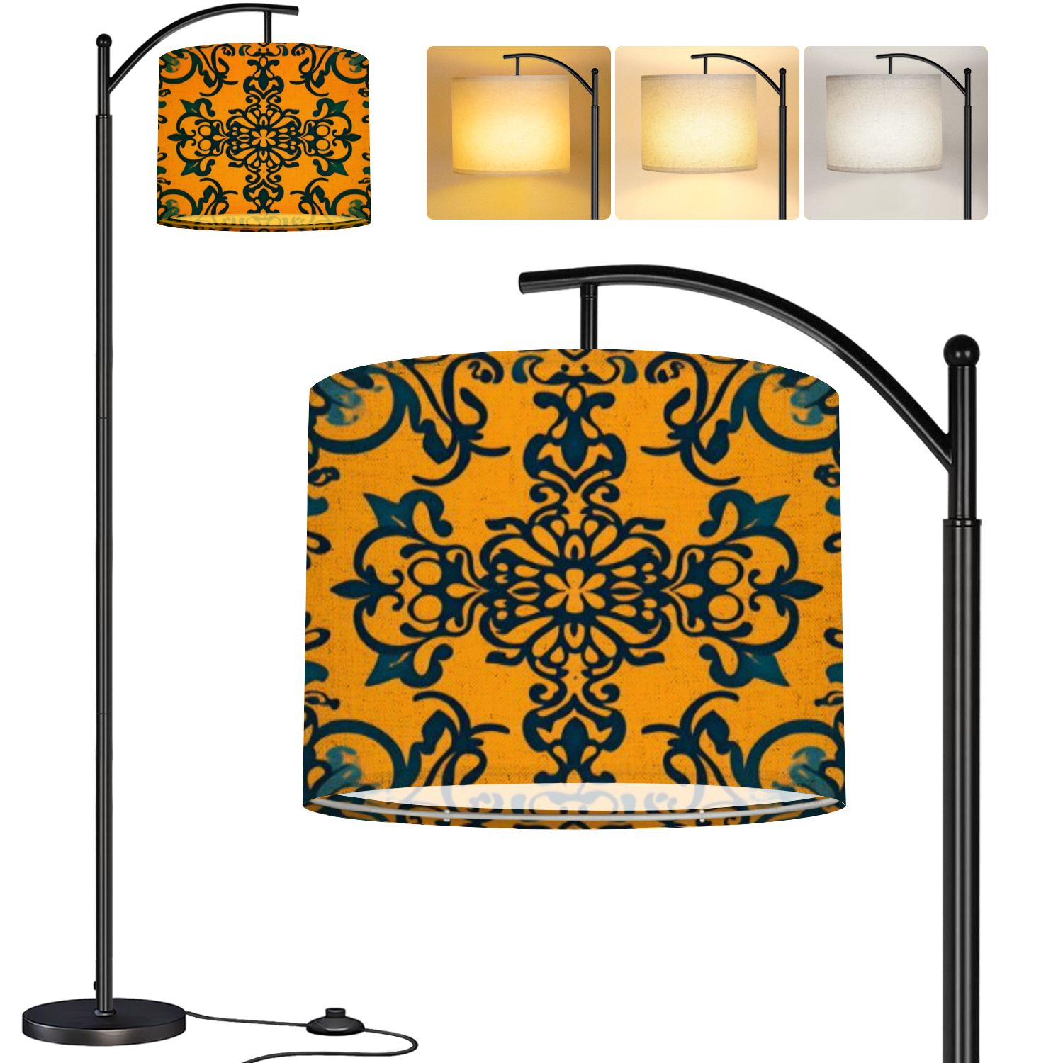 Arc Floor Lamp Yellow Teal Bohemian Damask Floral Motifs Geometric ...