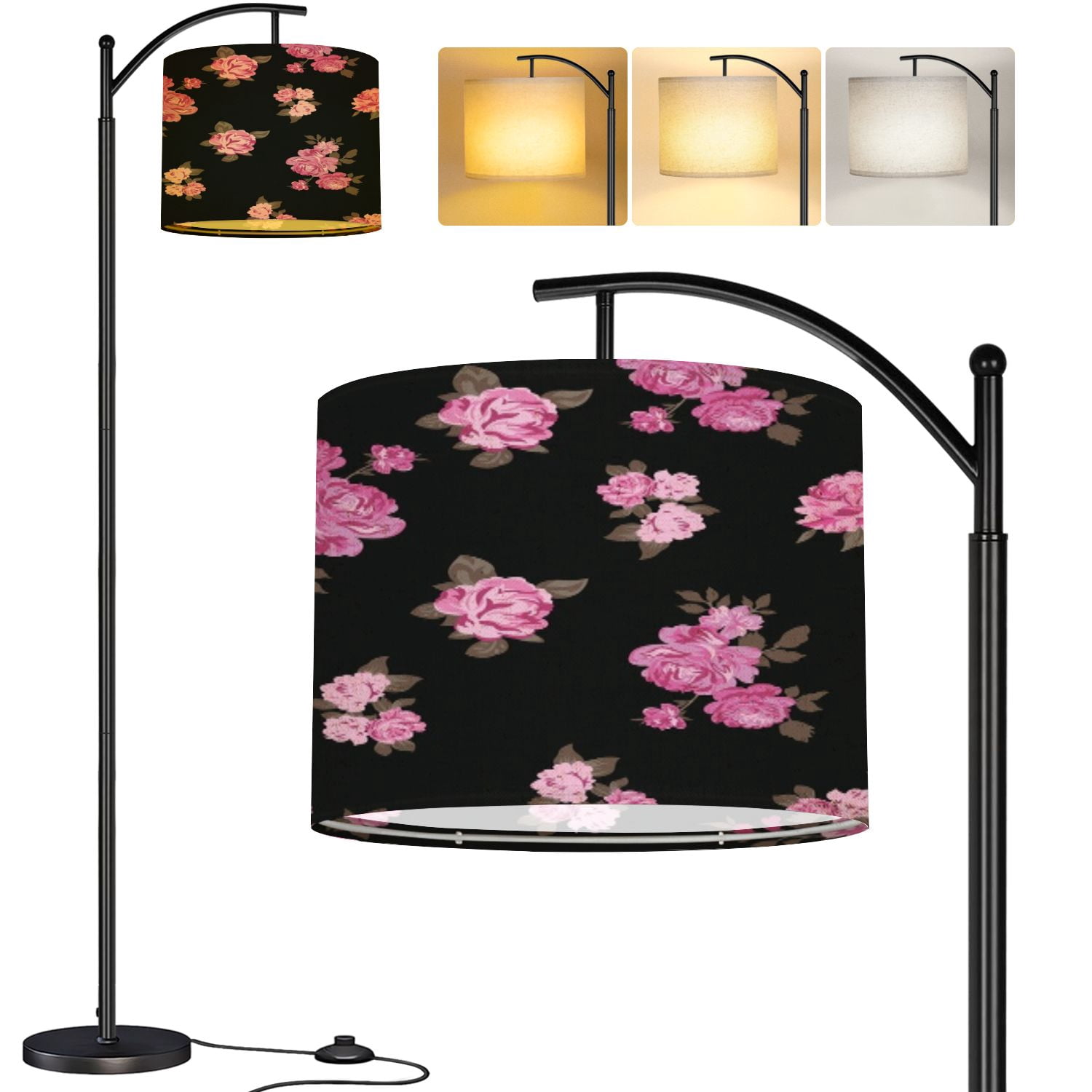 Arc Floor Lamp beautifull rose flower leaves black floral pattern ...