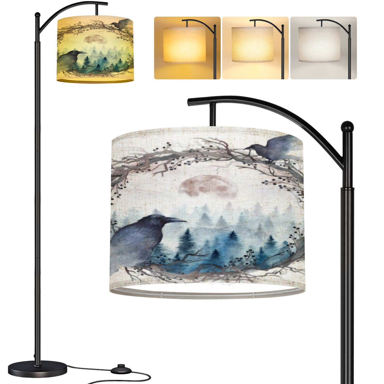 Arc Floor Lamp foggy spruce forest rising full moon inside wreath bare ...