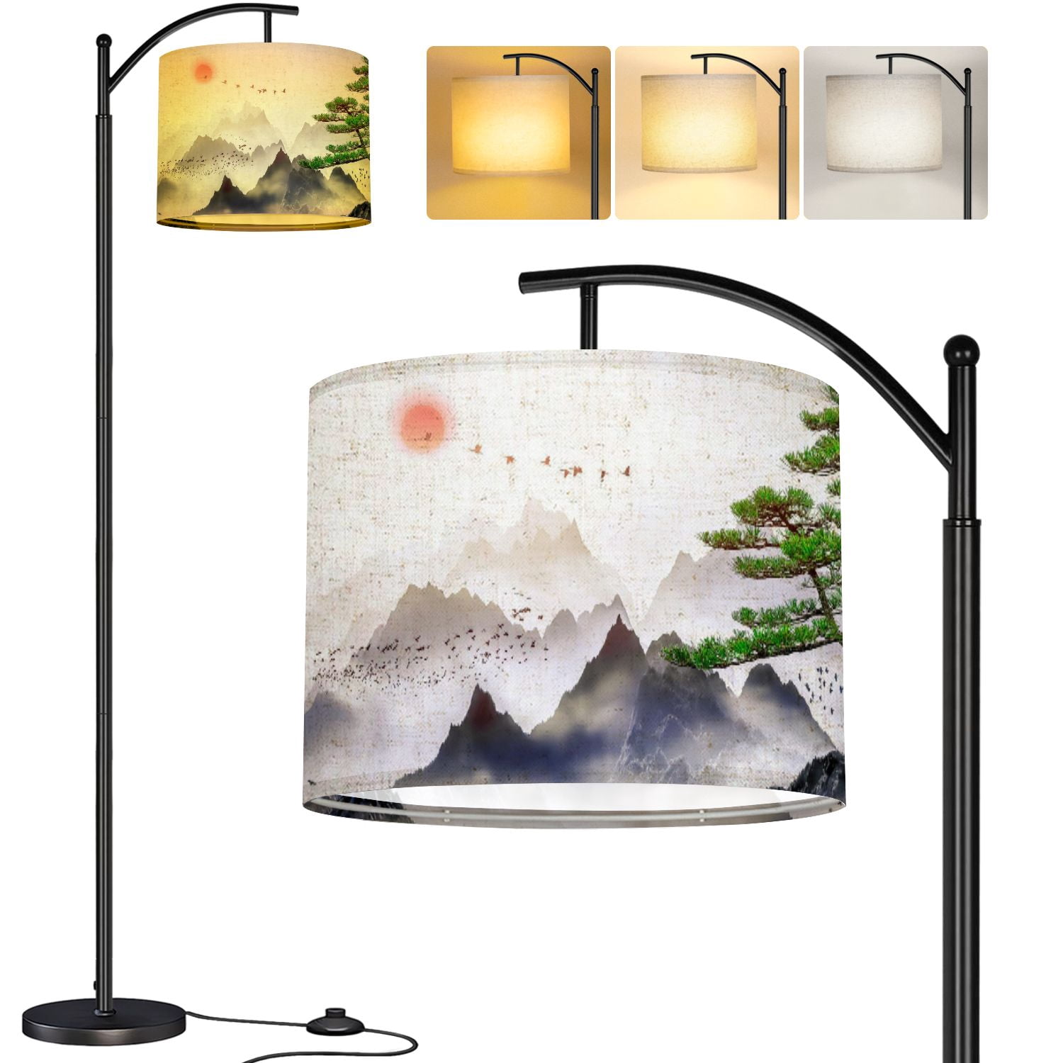Arc Floor Lamp landscape painting pine trees distant mountains clouds ...