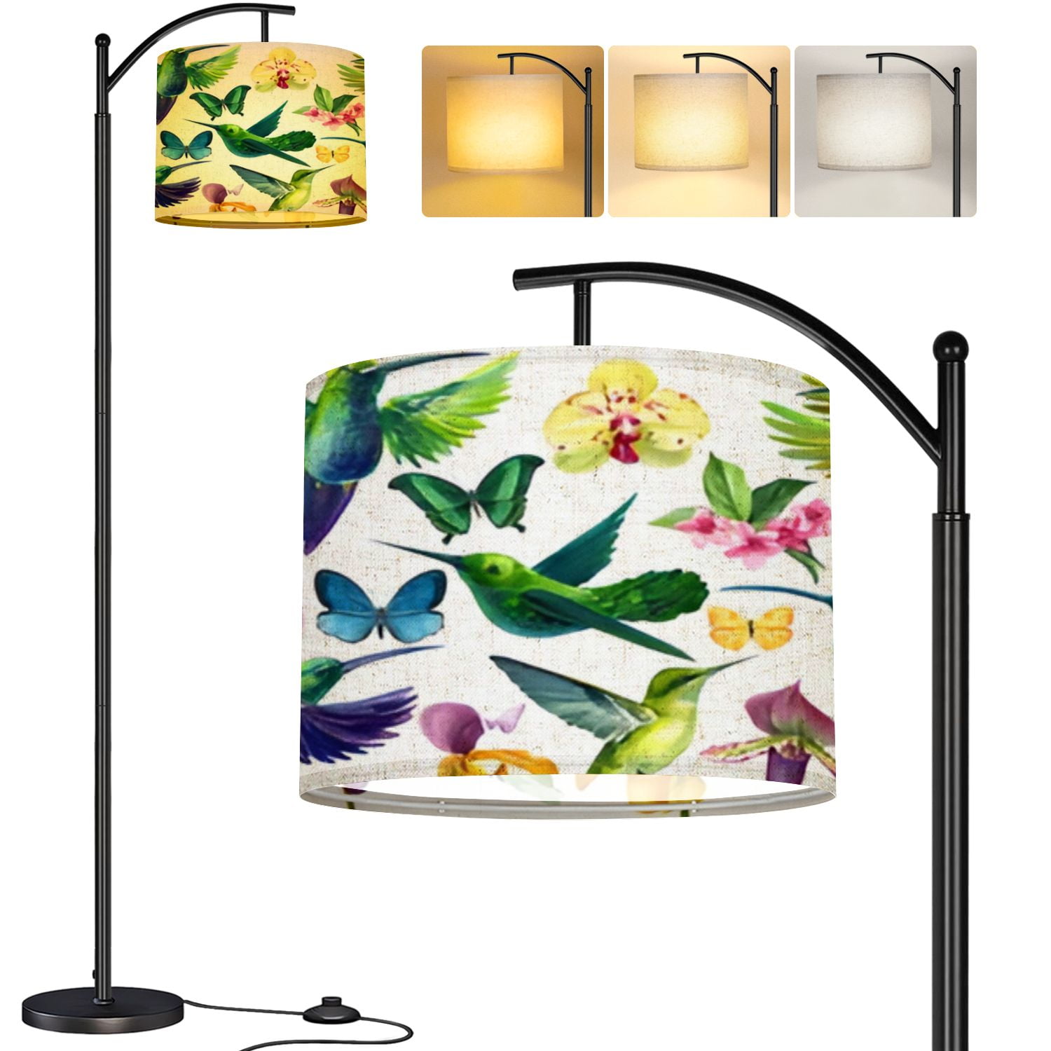 Arc Floor Lamp set small birds hummingbirds butterflies flowers orchids ...