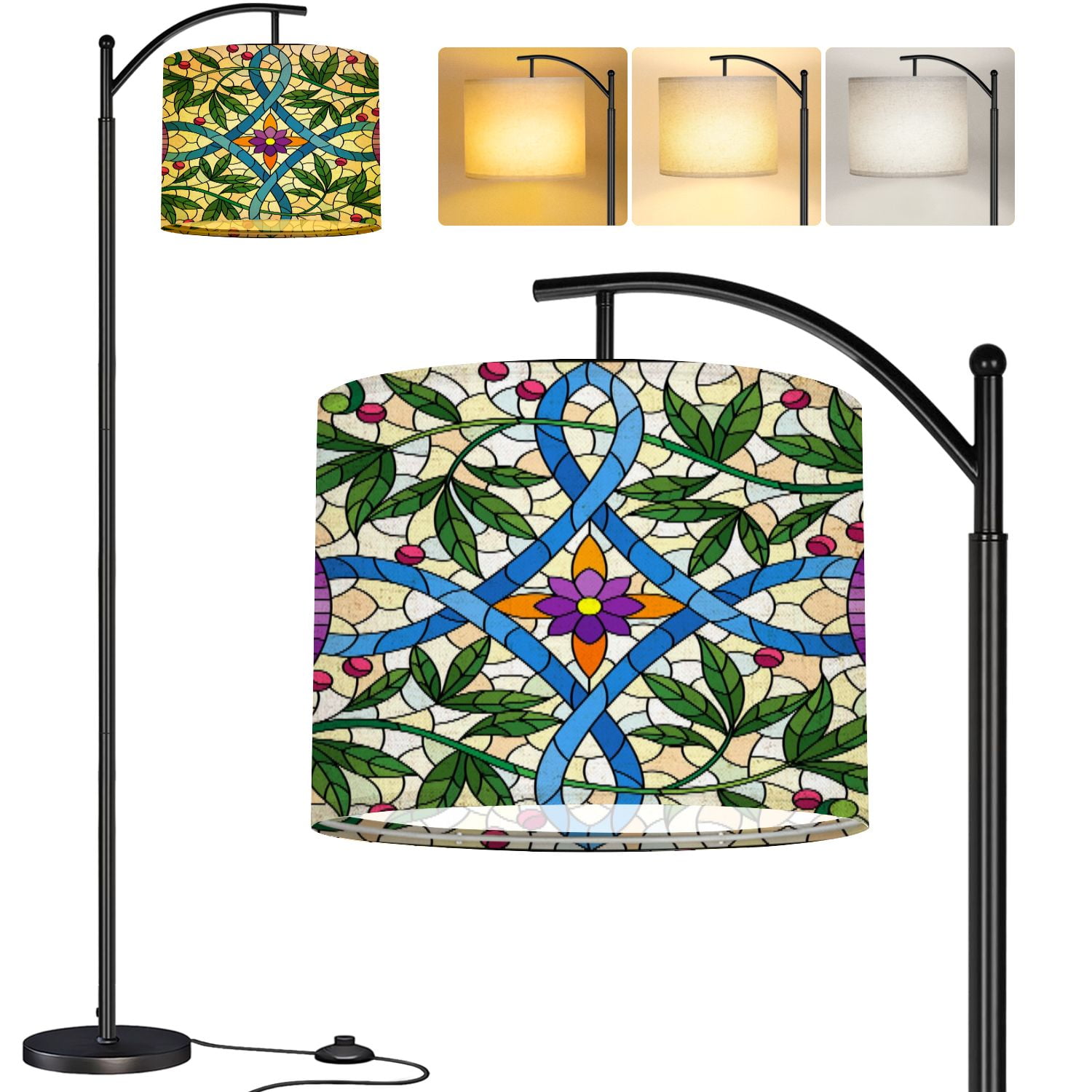 Arc Floor Lamp stained glass style abstract flowers leaves curls yellow ...