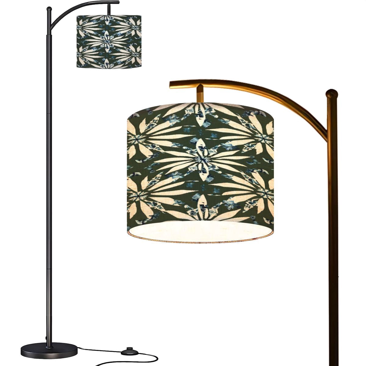Arc Floor Lamps Botanical leaf textured pattern black indigo blue white ...