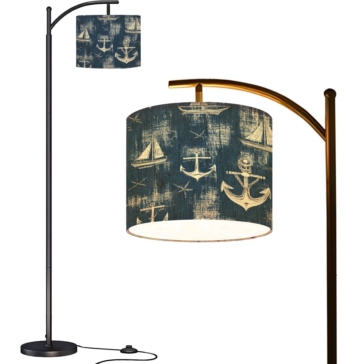 Arc Floor Lamps Denim Look Fabric Nautical Anchors Helms Pattern Modern ...