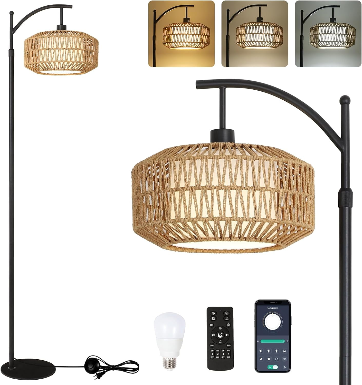 Arc Floor Lamps for Living Room, Dimmable Rattan Floor Lamp with Remote ...