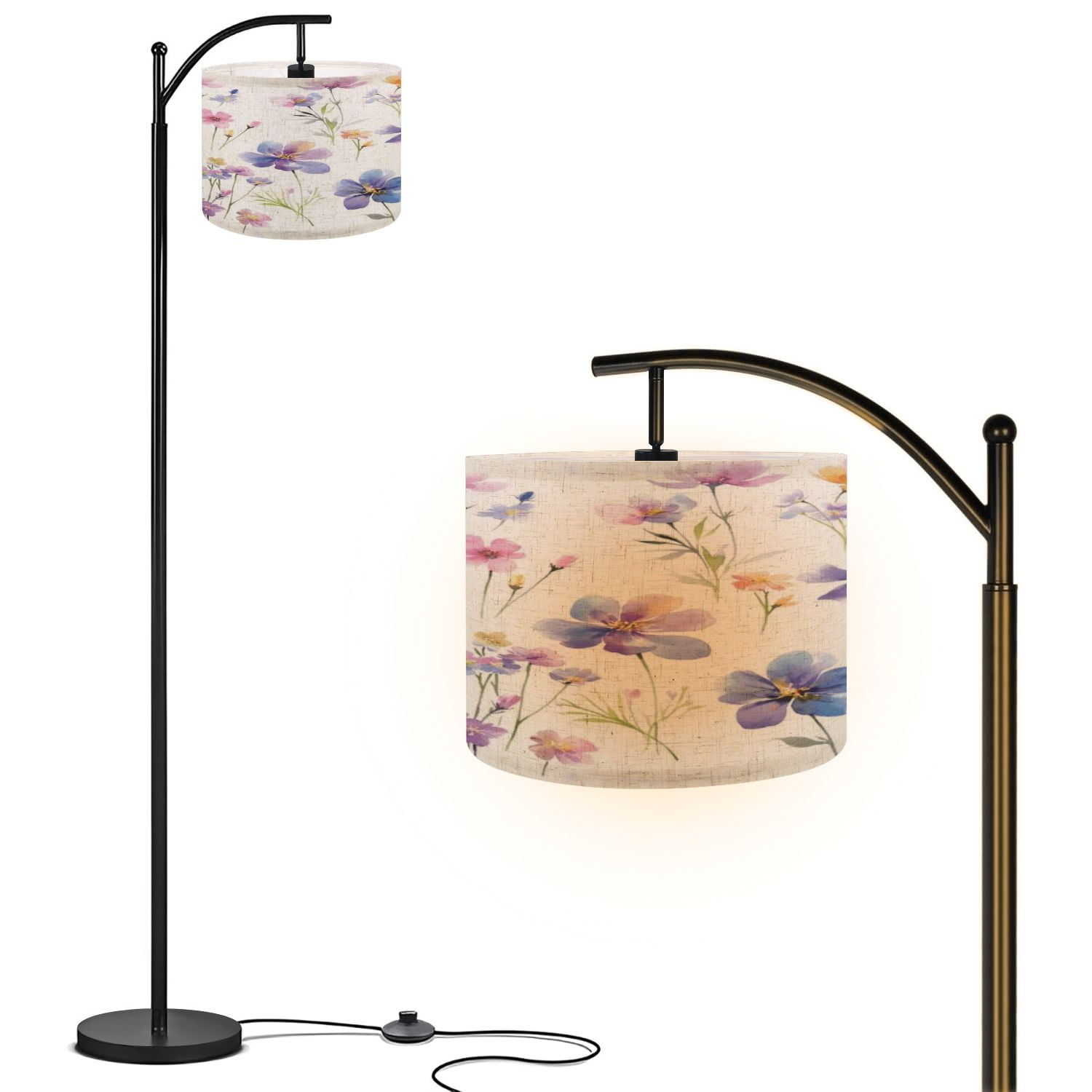 Arc Floor Lamps Watercolor Flower canvas Modern LED Adjustable Linen ...