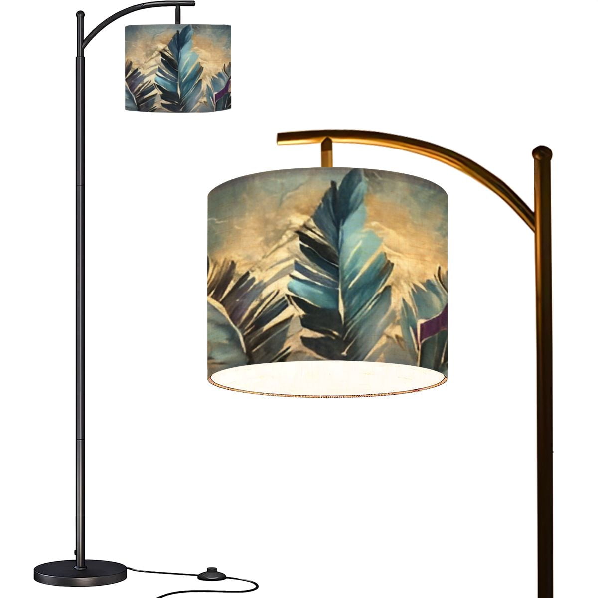 Arc Floor Lamps exotic Oil navy blue gold leaves Botanic print canvas ...