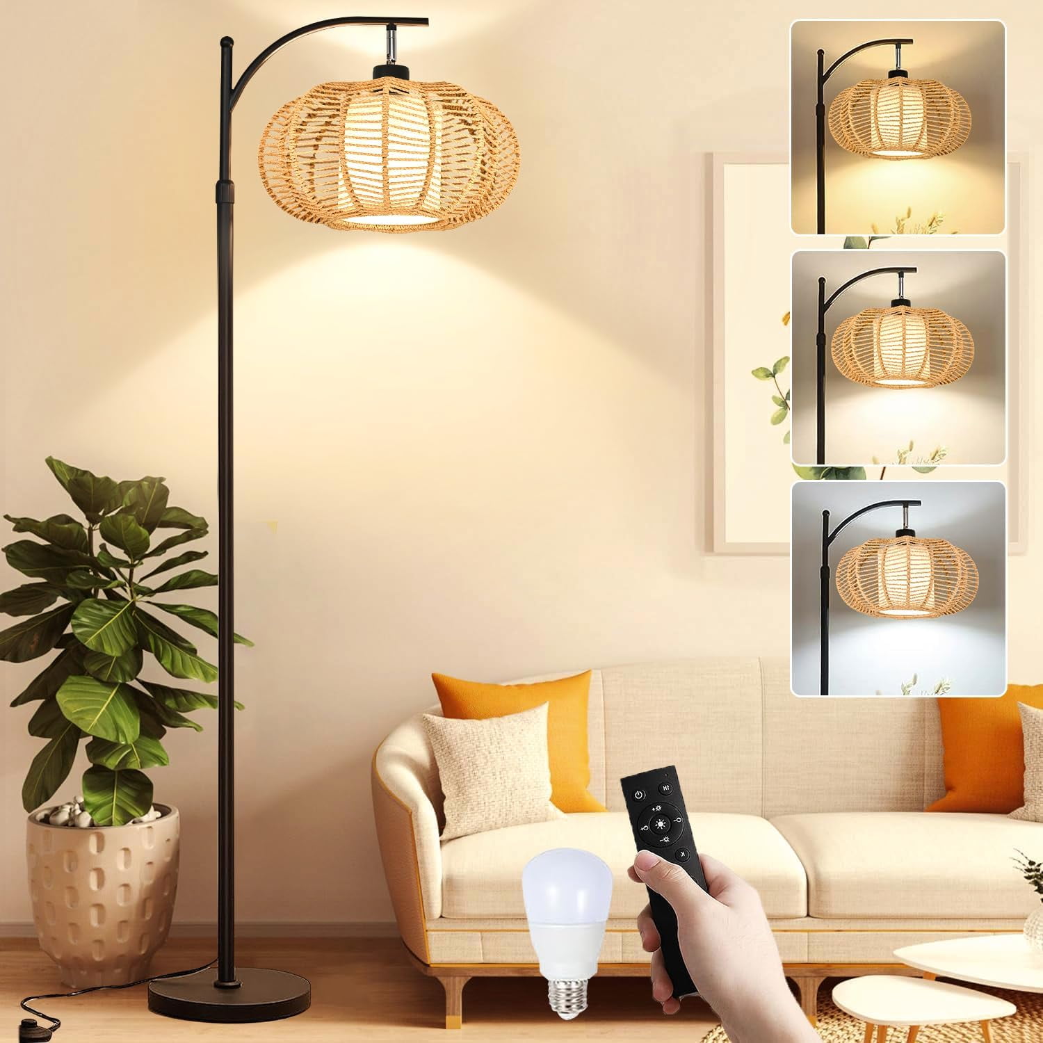 Arc Floor Lamps for Living Room Bedroom Rattan Floor Lamp with Remote ...
