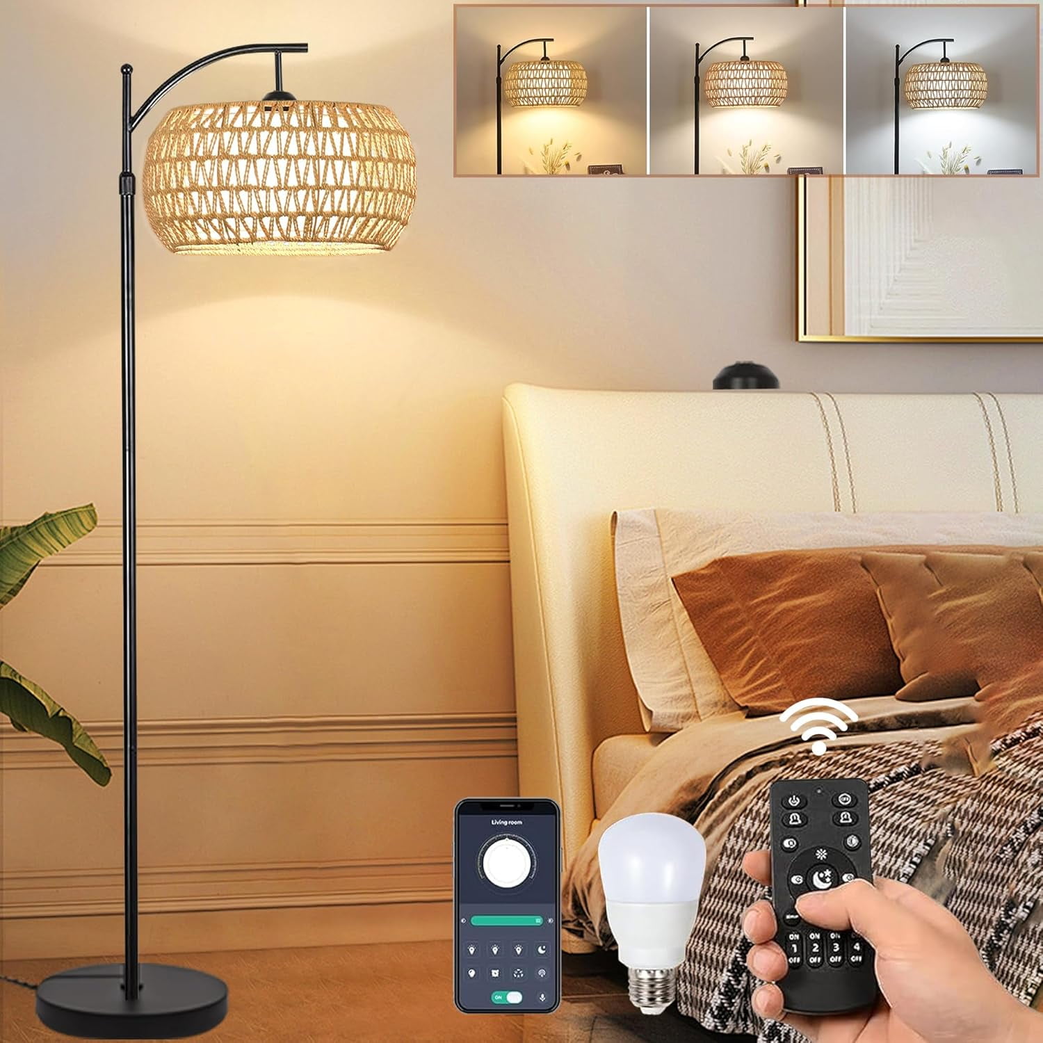 Arc Rattan Floor Lamp for Living Room with 3 Color Temperatures ...