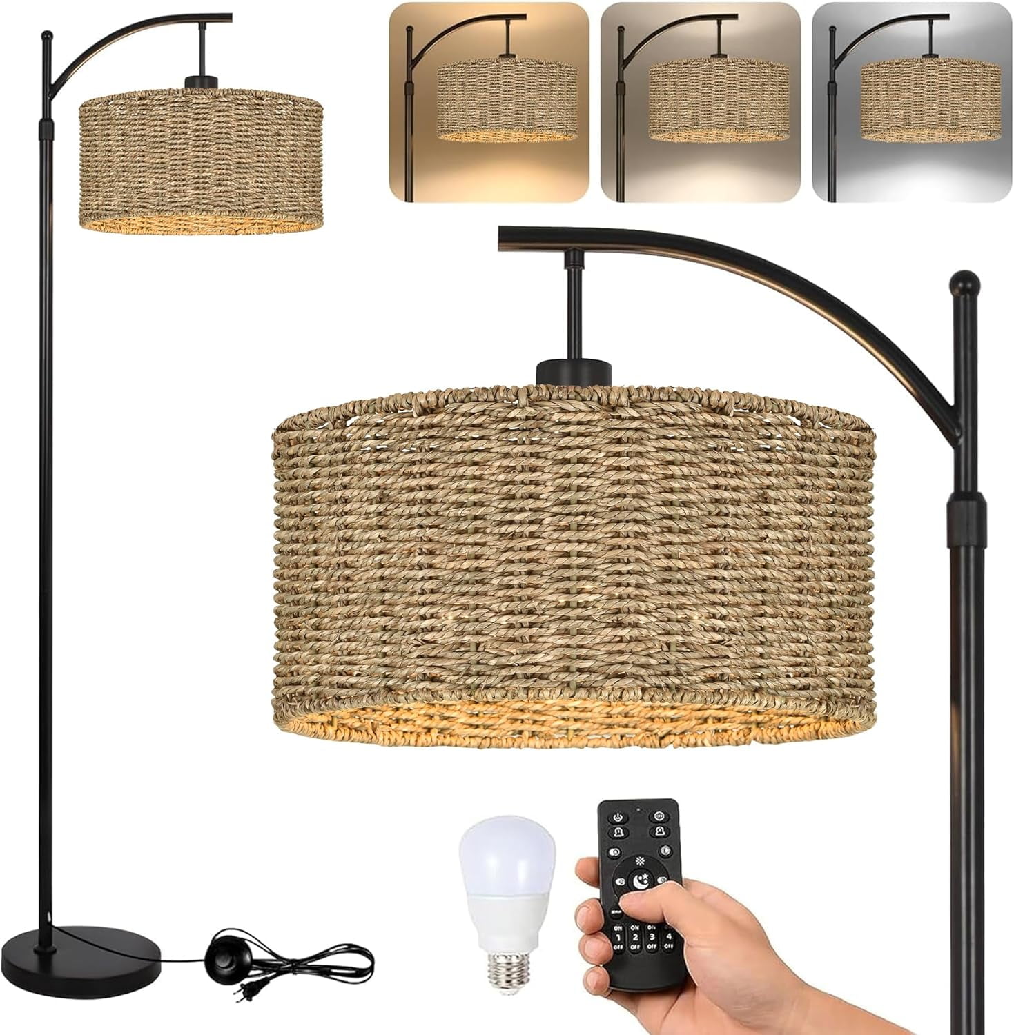 Arc Rattan Floor Lamp for Living Room with Remote,Black Floor Lamps ...