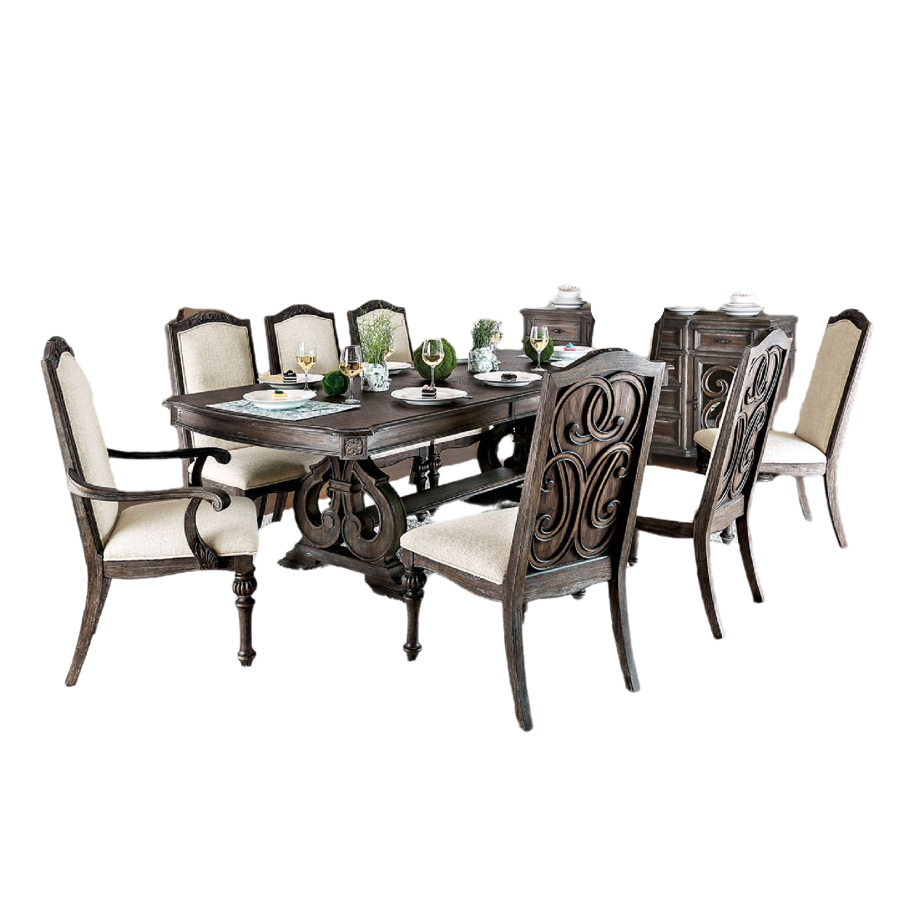 Arca 9pc Dining Table Set with 8 Ivory Fabric Chair, Rustic Solid Wood ...