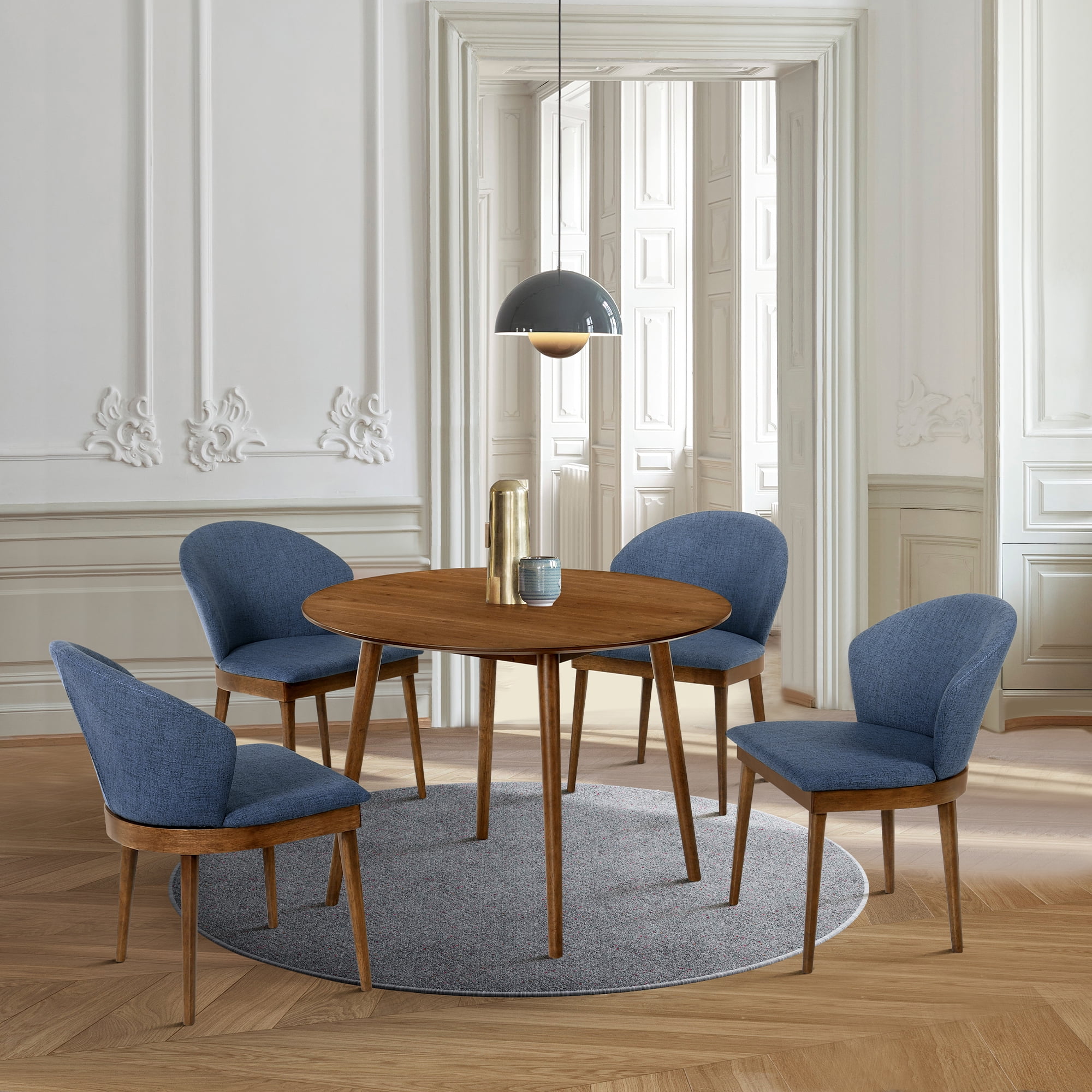 Arcadia and Juno 42" Round Blue and Walnut Wood 5 Piece Dining Set ...