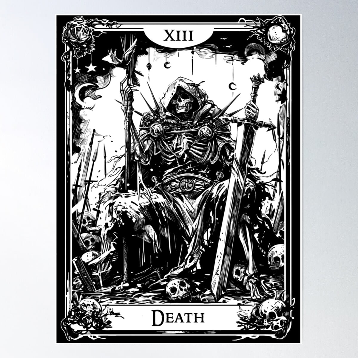 Arcana Tarot "Death" Blackwork Illustration Poster Wall Art, Modern ...