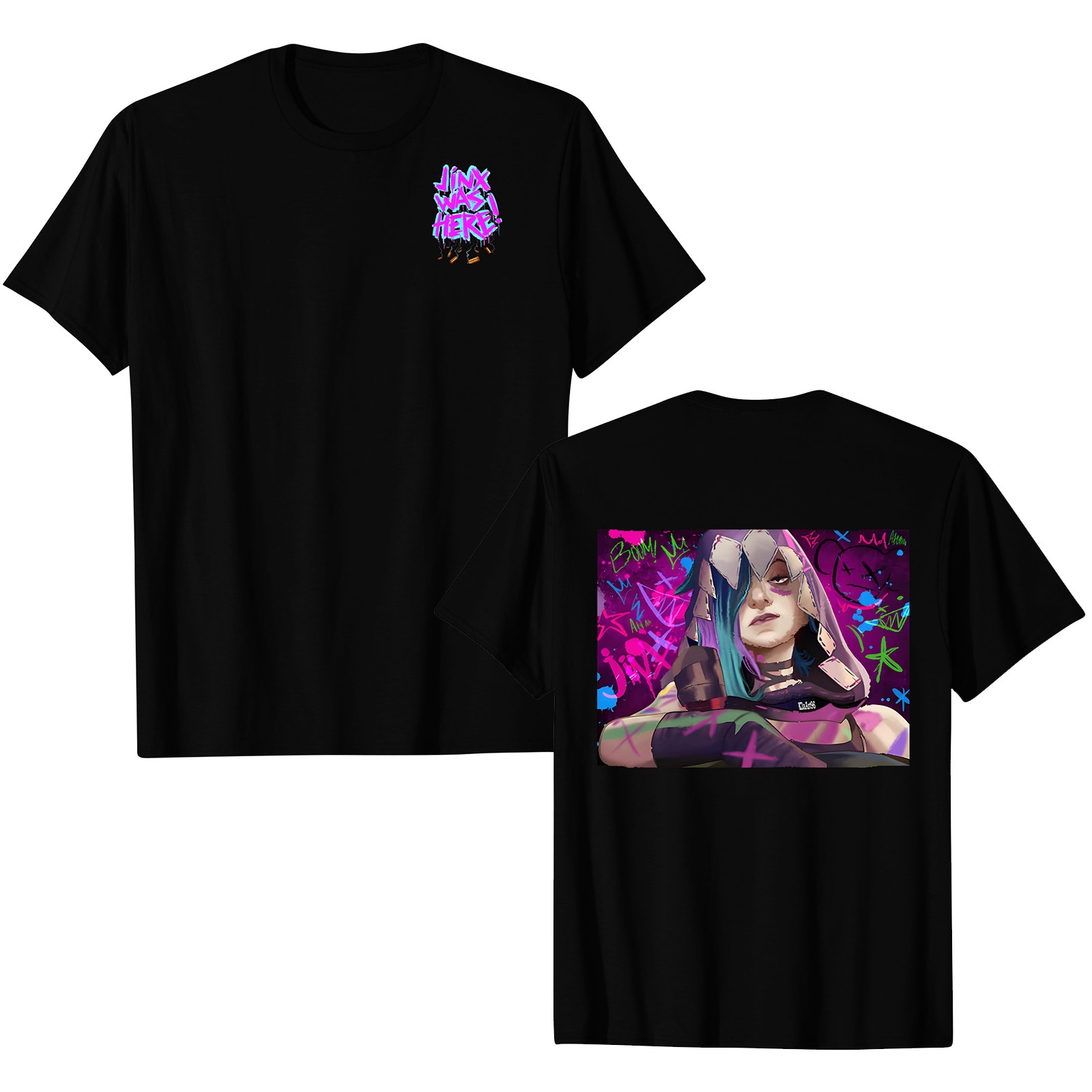Arcane League of Legends Jinx Front & Back Art Adult Black Crew Neck ...