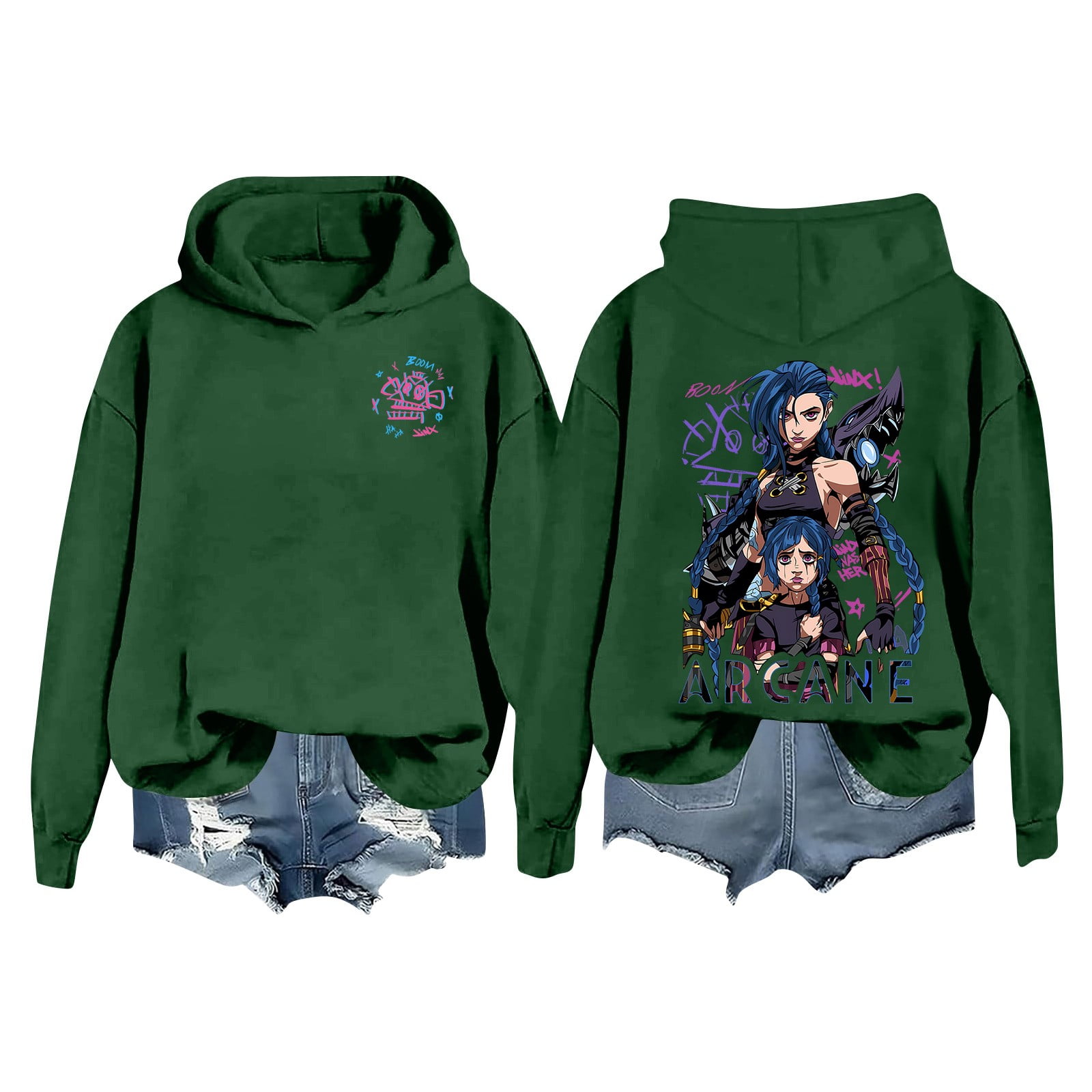 Arcane League of Legends Jinx Front & Back Art Adult Black Crew Neck ...