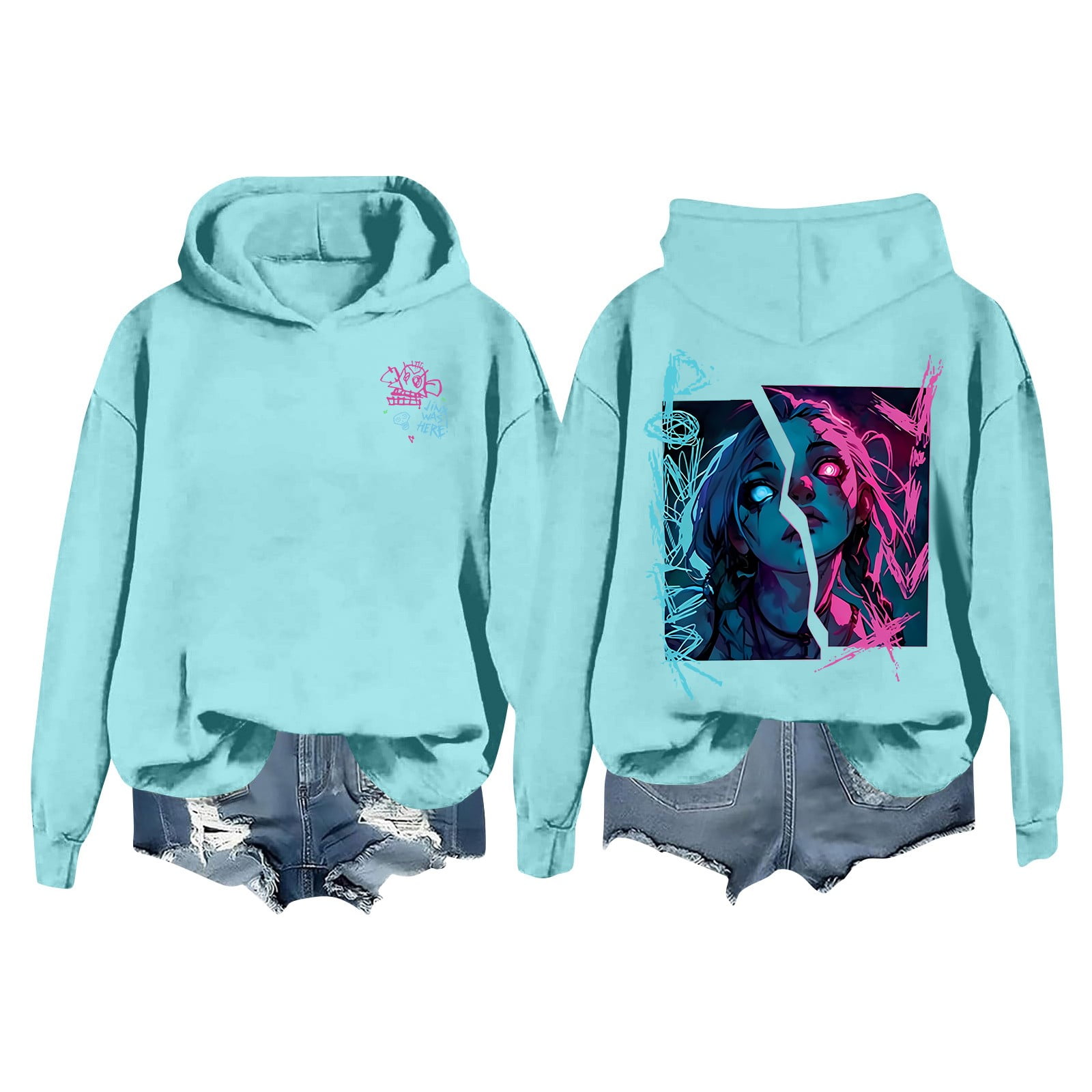 Arcane League of Legends Jinx Front & Back Art Adult Black Crew Neck ...