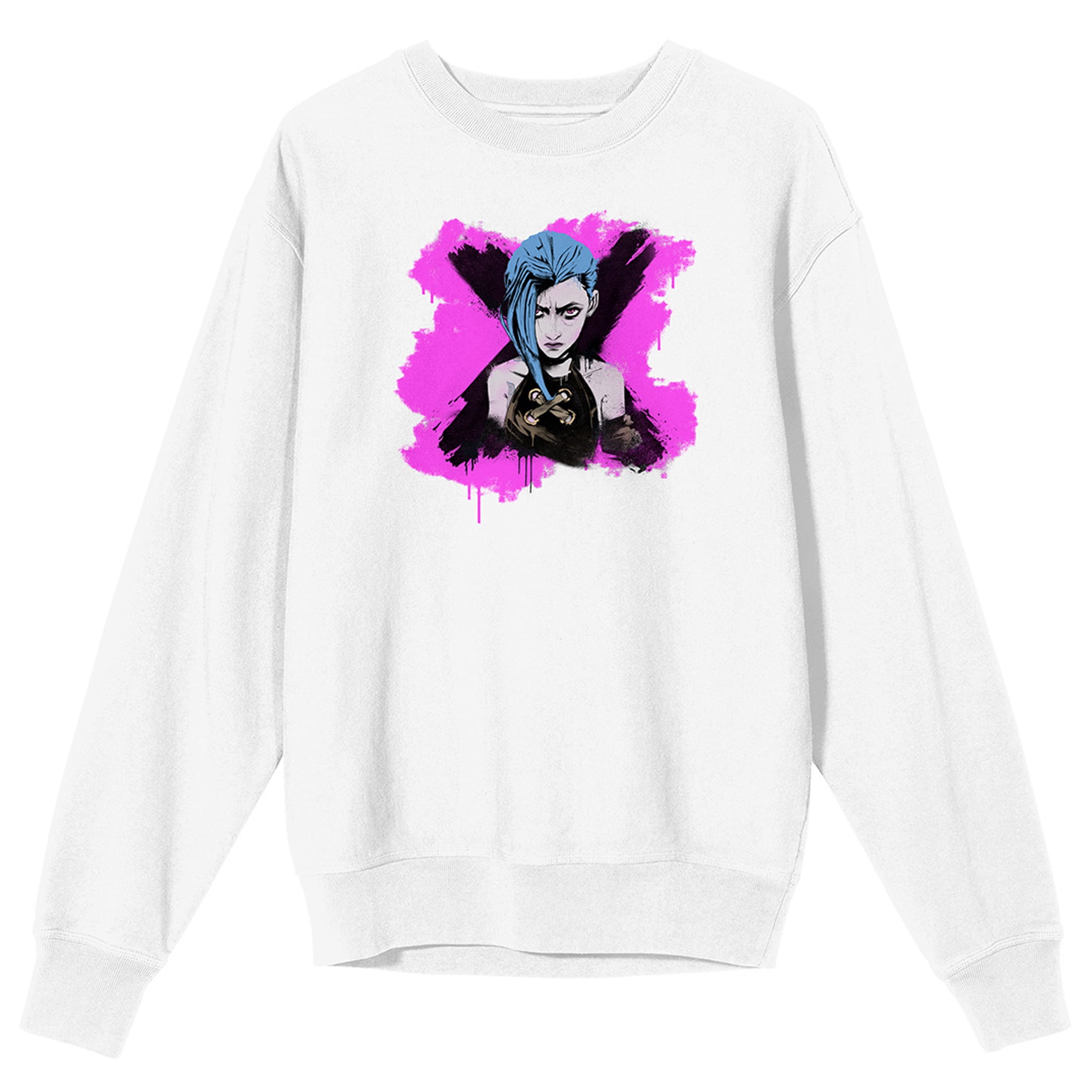 Arcane League Of Legends Jinx Metallic Ink Portrait Adult White Crew ...