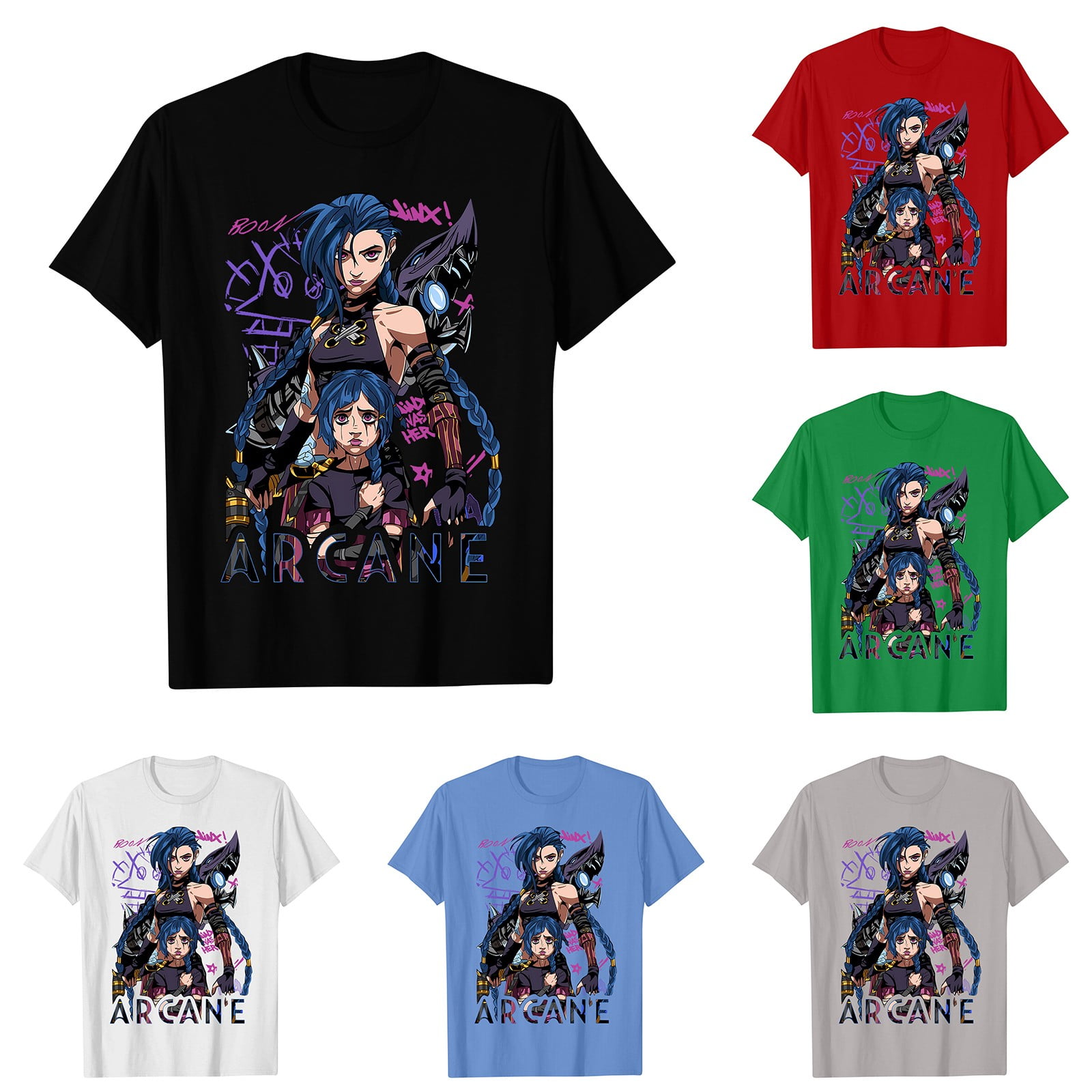 Arcane League of Legends Jinx Front & Back Shirts Art Adults Crew Neck ...