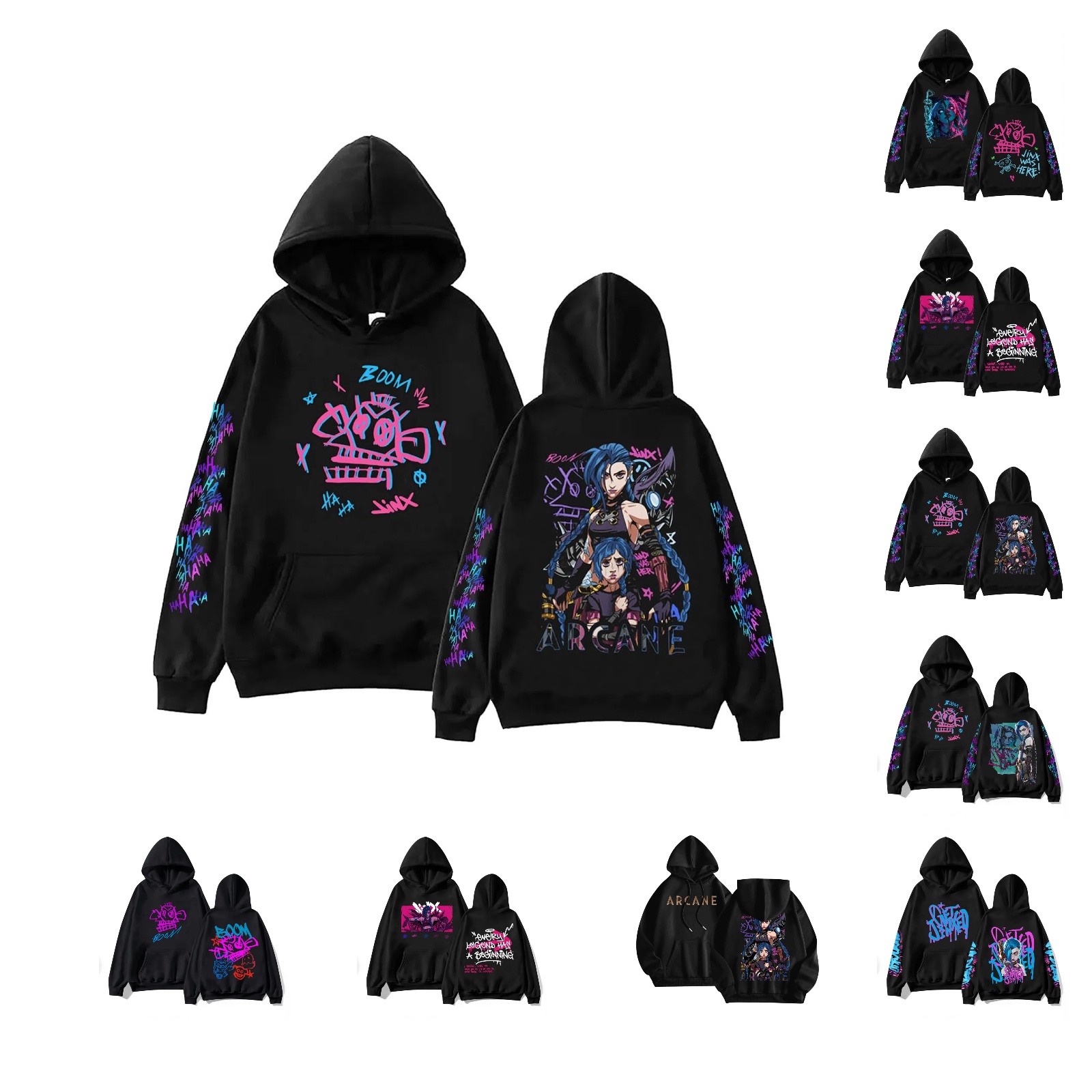 Arcane League of Legends Jinx Hoodie Front & Back Art Adult Black Crew ...
