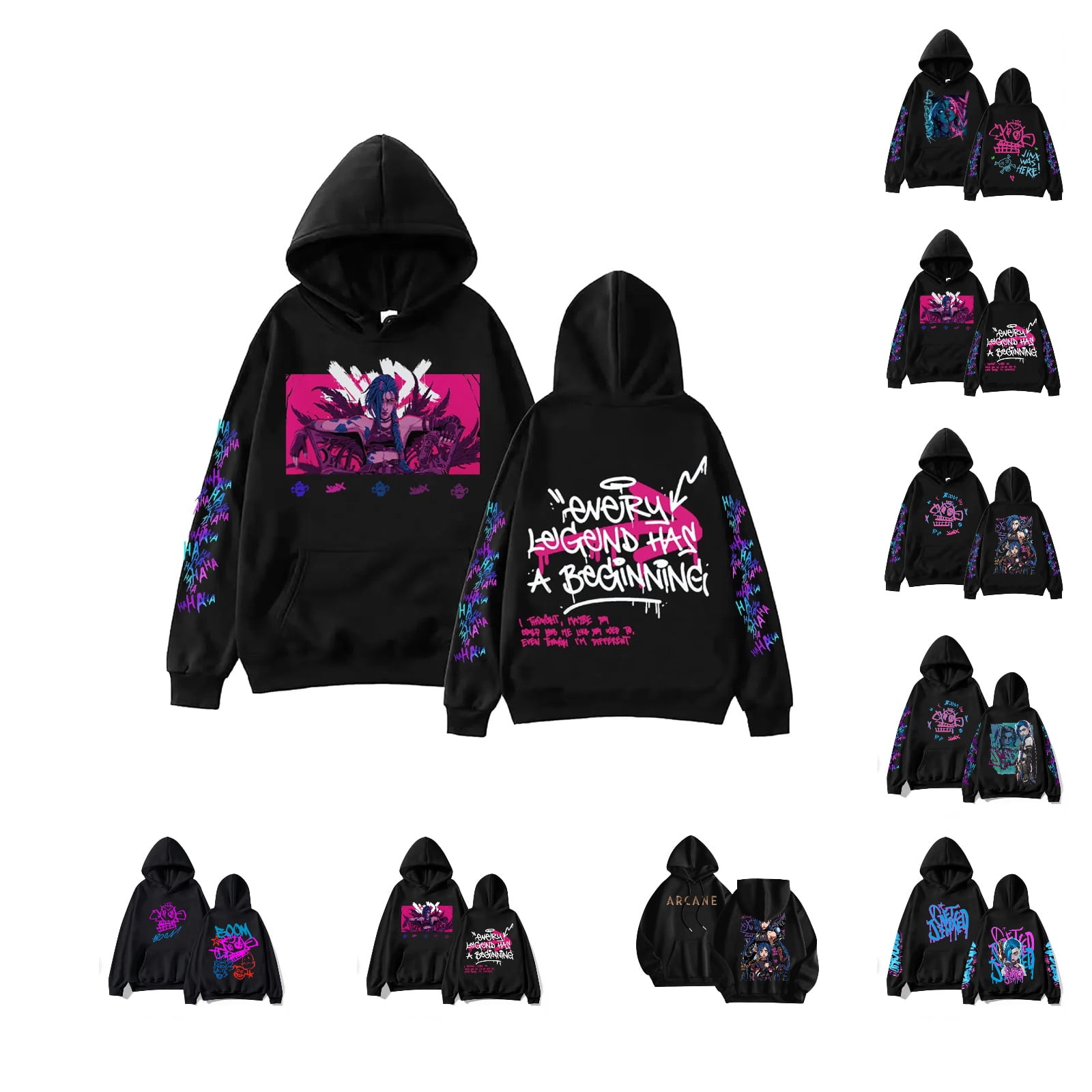 Arcane League of Legends Jinx Hoodie Front & Back Art Adult Black Crew ...