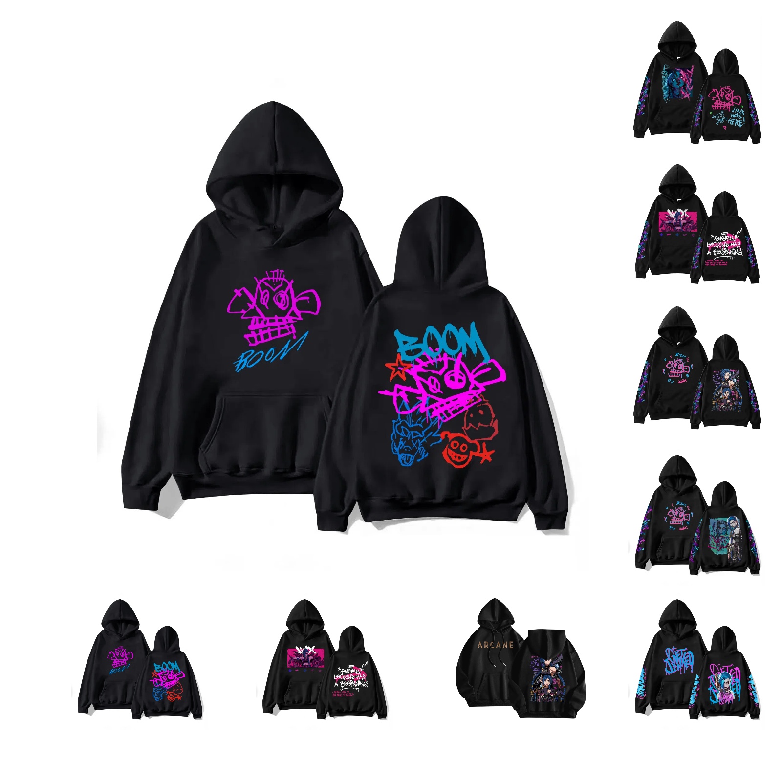 Arcane League of Legends Jinx Hoodie Front & Back Art Adult Black Crew ...