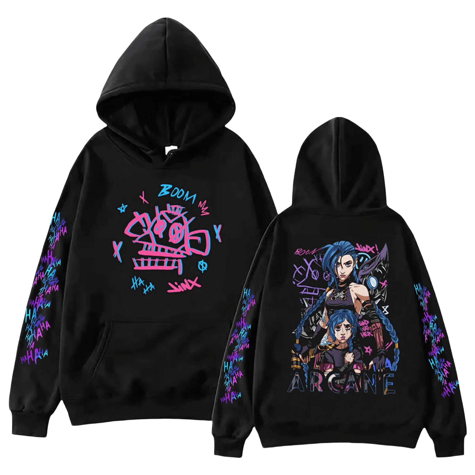 Arcane League Of Legends Jinx Hoodie Front And Back Art Adult Black Crew