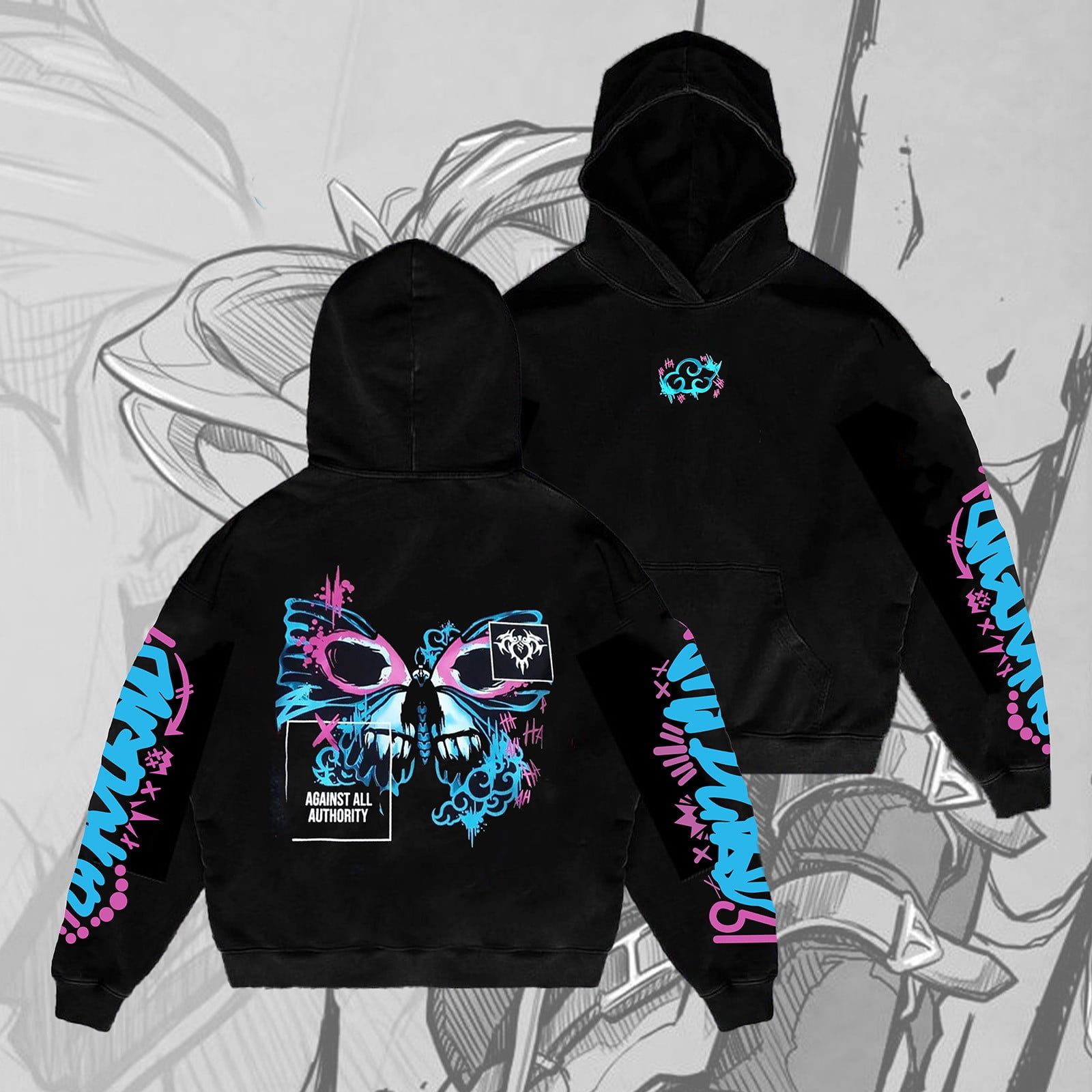 Arcane League of Legends Jinx Hoodie Front & Back Art Adult Crew Neck ...