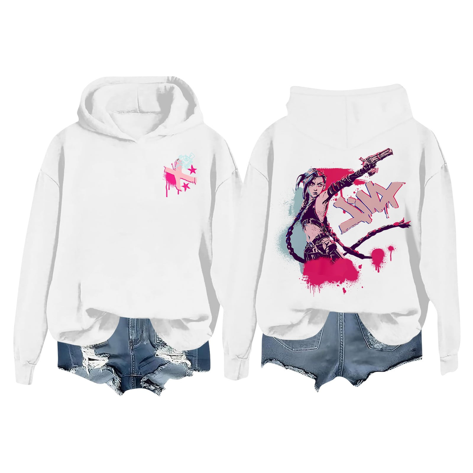 Arcane Merch Women's Pink Graphic Hoodie and Denim Shorts Set Casual ...