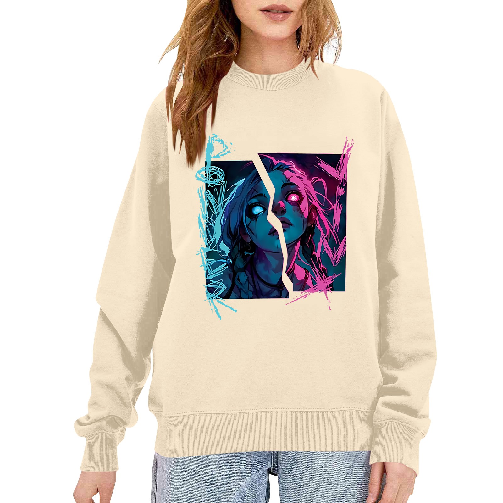 Arcane-Theme Printing Jinx Women's Pink Graphic Sweatshirt Casual Long ...
