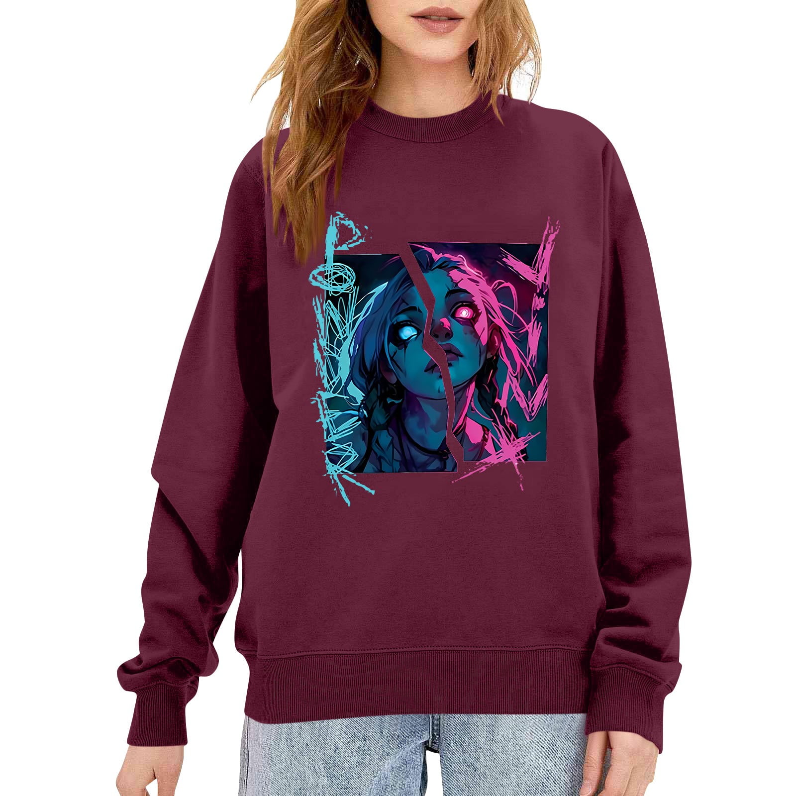 Arcane-Theme Printing Jinx Women's Pink Graphic Sweatshirt Casual Long ...