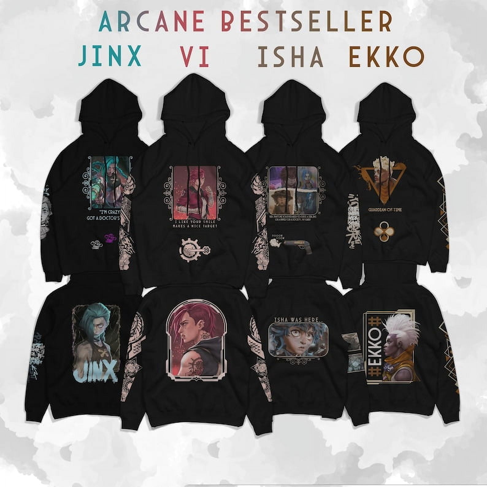 Arcane Vi-Jinx-Isha-Ekko Characters Black Hoodie League of Legends Lol ...
