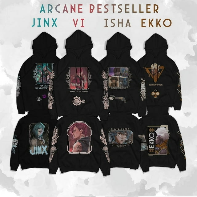 Arcane Vi-Jinx-Isha-Ekko Characters Black Hoodie League of Legends Lol ...