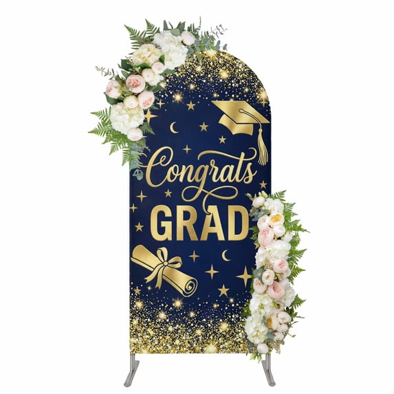 Arch Backdrop 7.2 Ft, Navy Blue Golden Graduation Spandex Stretch ...