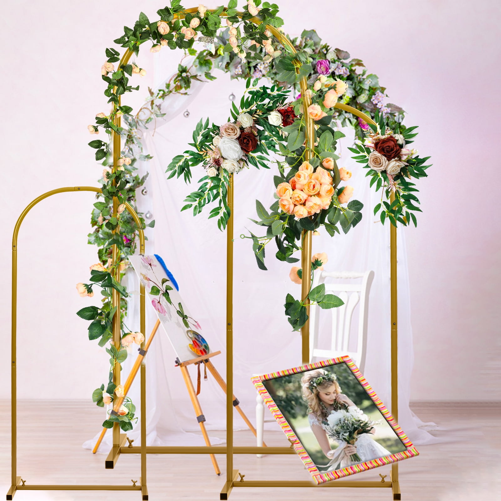 Arch Backdrop Stand, 6FT, 5FT, 4FT Set of 3 Golden Metal Arch Backdrop ...