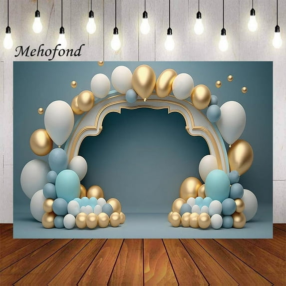 Arch Blue and Gold Balloon Child Birthday Party Cake Smash Portrait r ...
