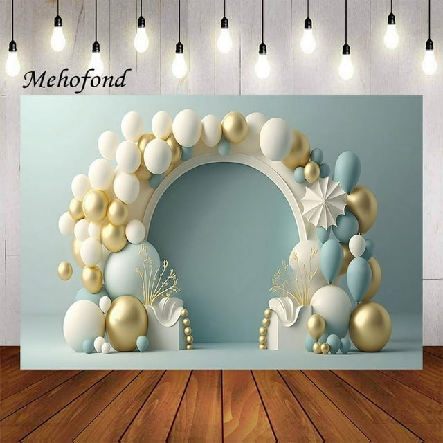 Arch Blue and Gold Balloon Child Birthday Party Cake Smash Portrait r ...