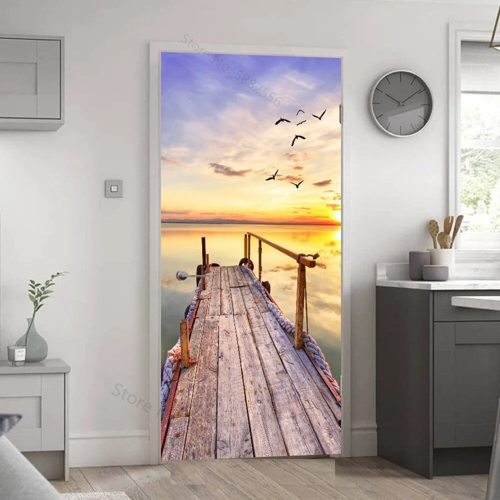 Arch Bridge Summer Sunset Sea View Scenery Door Stickers Self Adhesive ...