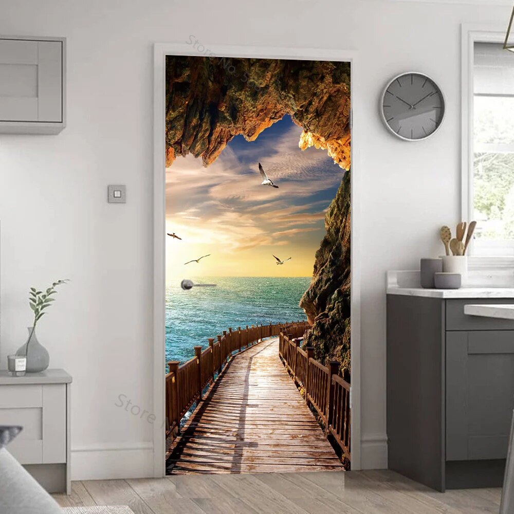Arch Bridge Summer Sunset Sea View Scenery Door Stickers Self Adhesive ...