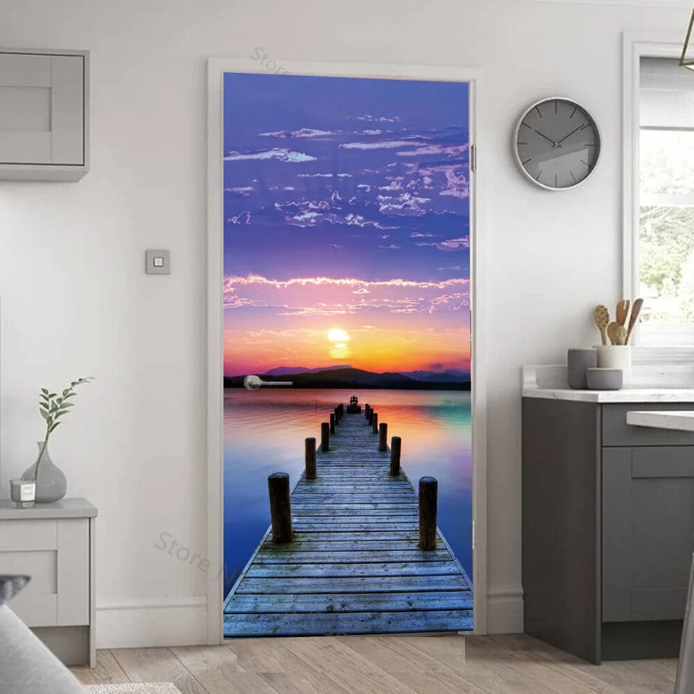 Arch Bridge Summer Sunset Sea View Scenery Door Stickers Self Adhesive ...