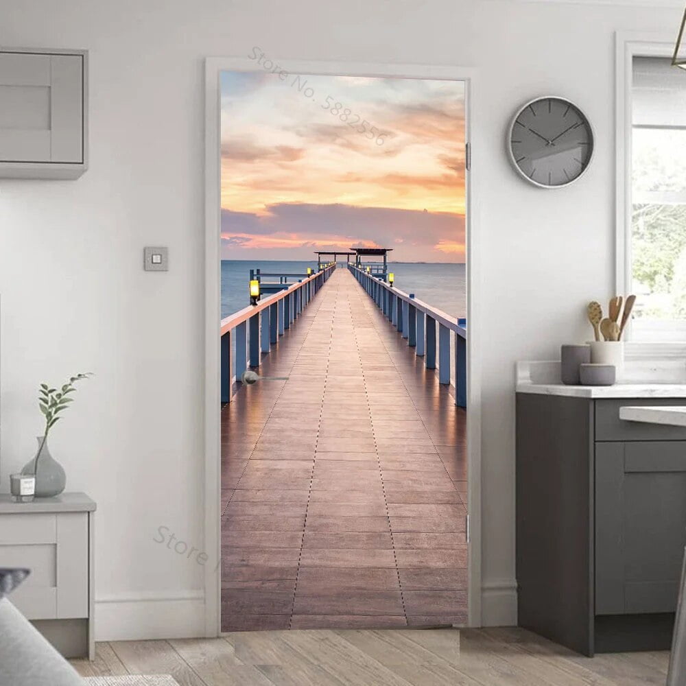 Arch Bridge Summer Sunset Sea View Scenery Door Stickers Self Adhesive ...