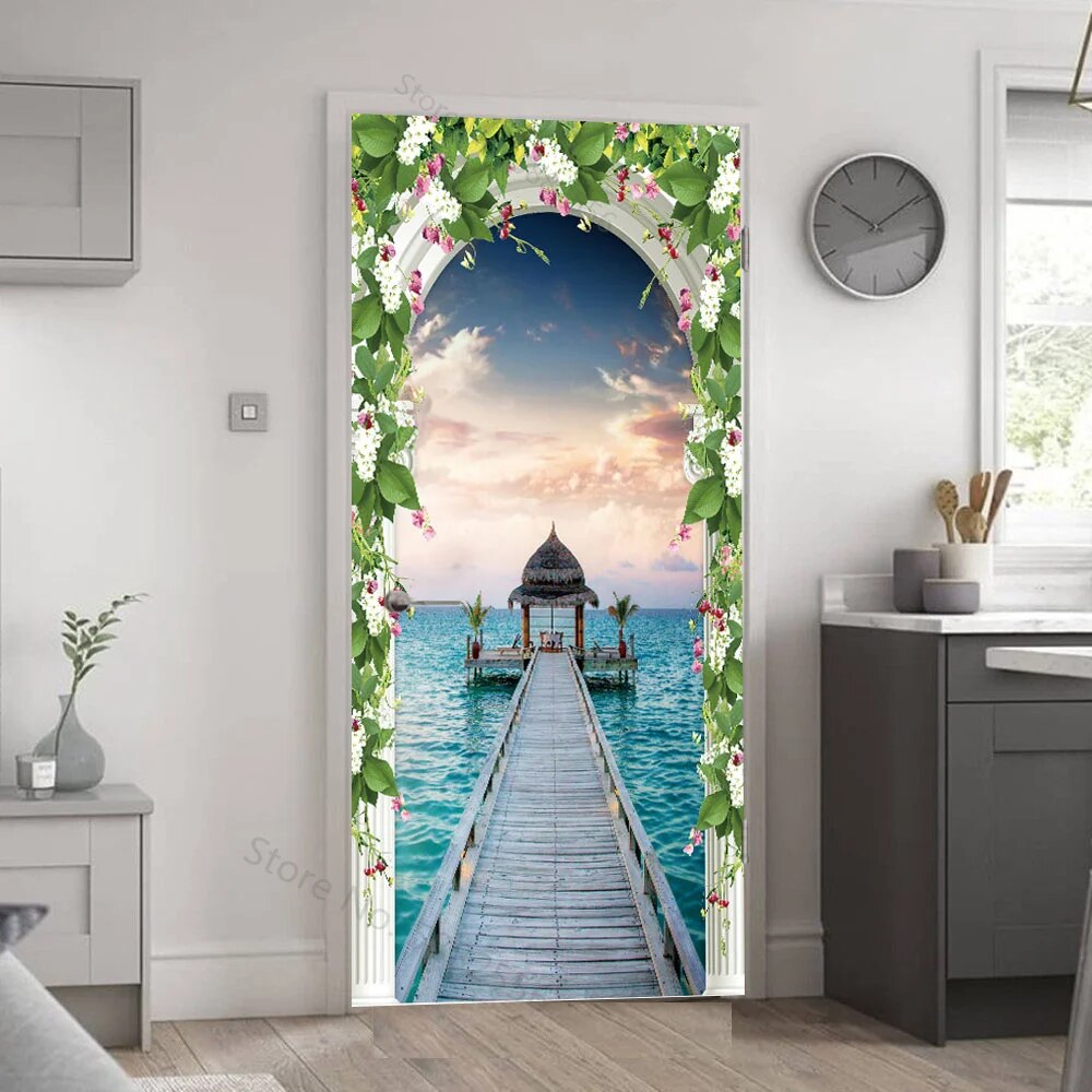 Arch Bridge Summer Sunset Sea View Scenery Door Stickers Self Adhesive ...