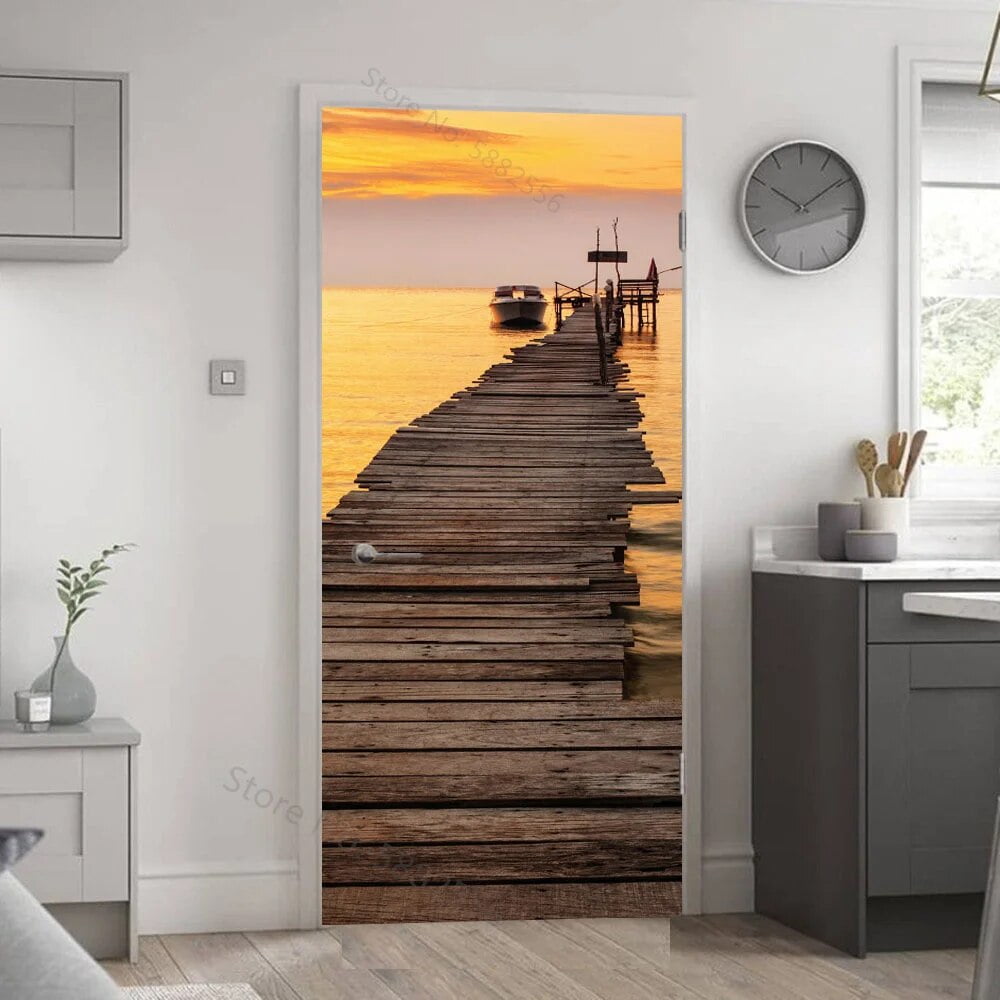 Arch Bridge Summer Sunset Sea View Scenery Door Stickers Self Adhesive ...