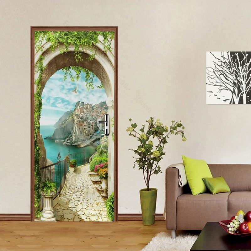 Arch Door Sticker Self Adhesive Plant Flowers Photo 3D Wallpaper Whole ...